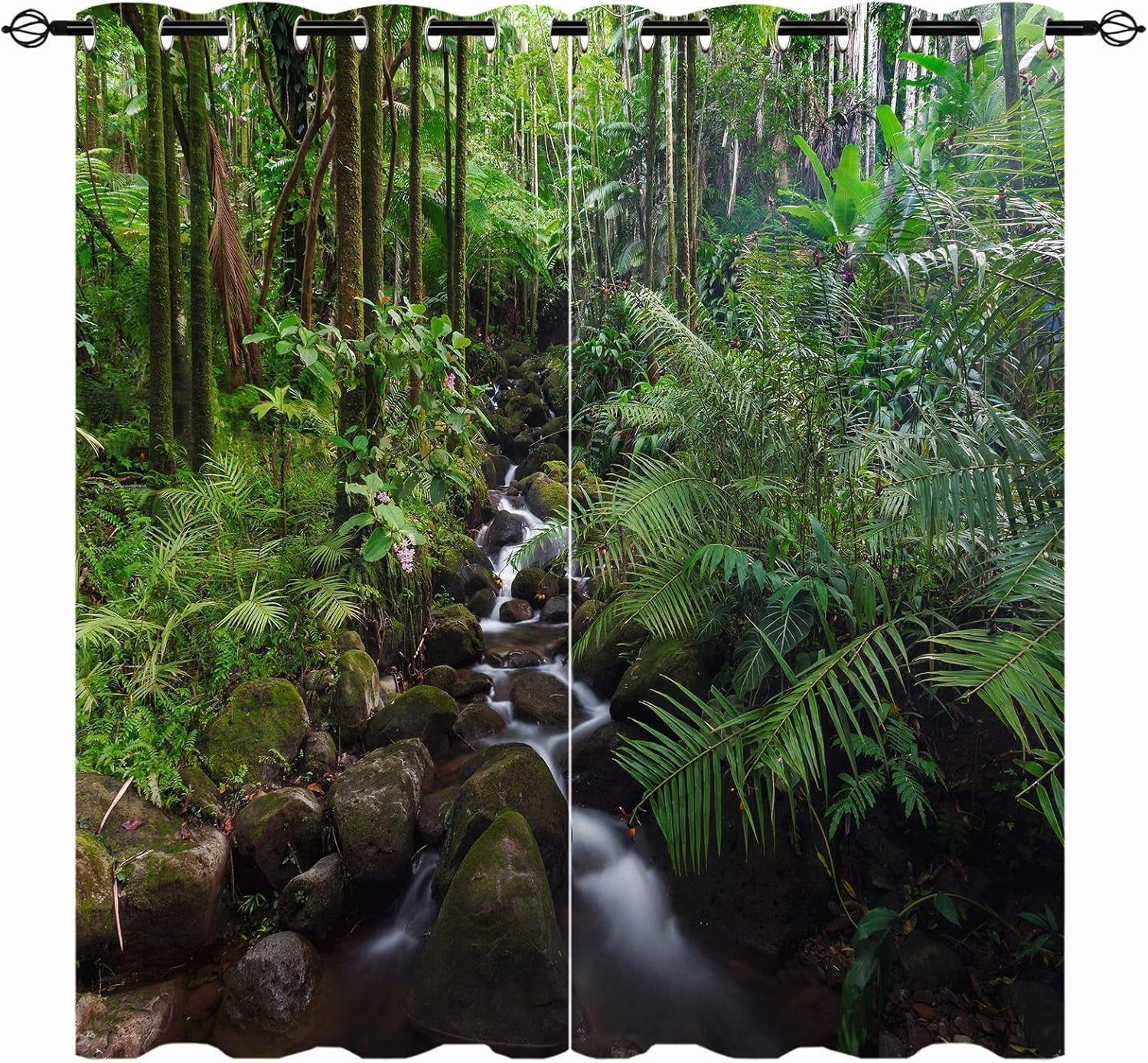 Nature Curtains, Jungle Forest Scenery Waterfall Green Tree Landscape ...