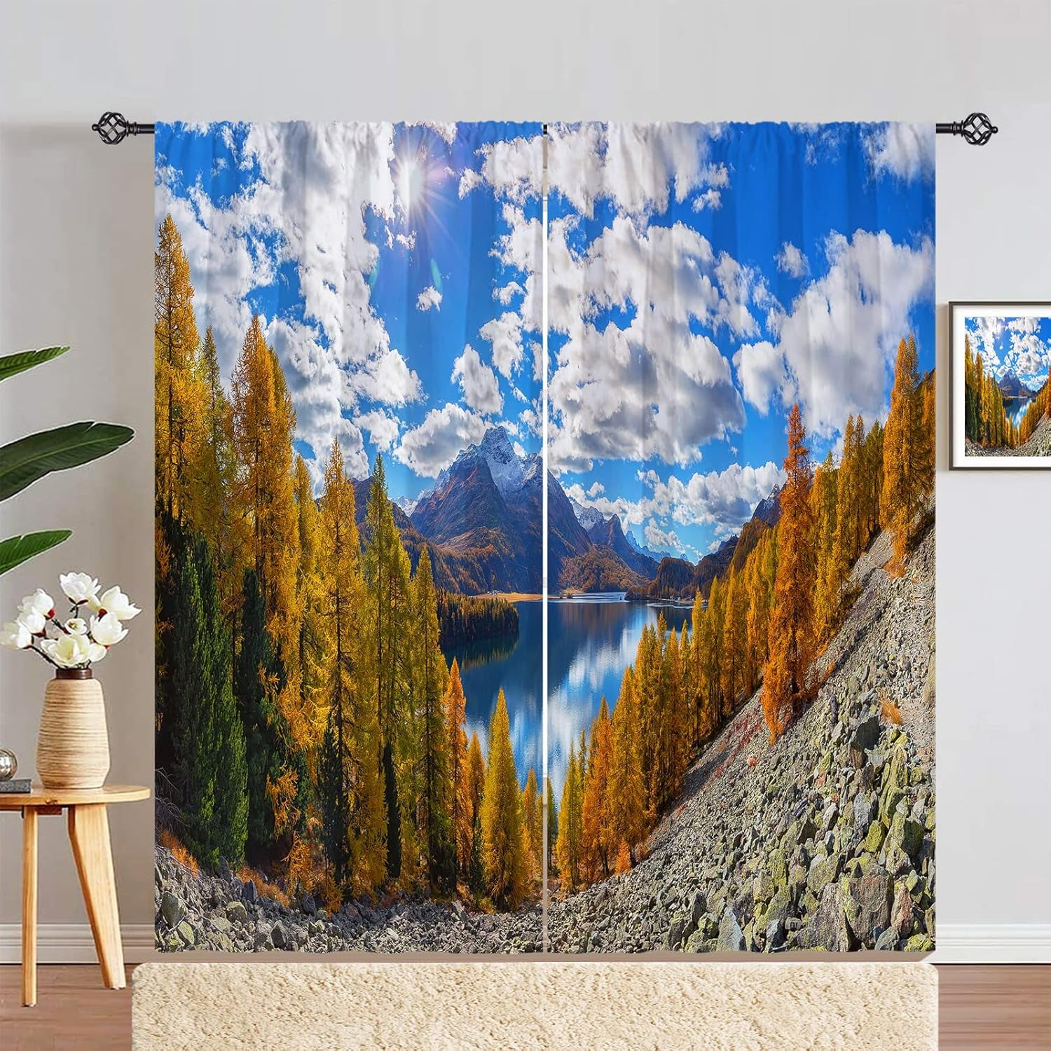 Nature Curtains Rod Pocket Blackout Room Darkening Curtains with Forest Mountain Lake Scenery ...