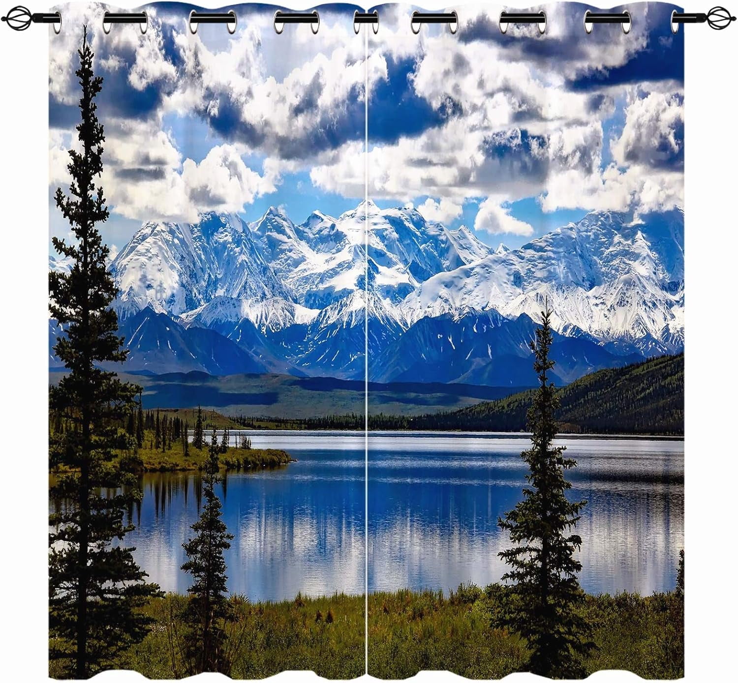 Nature Curtains, Spring Alaska Woodland Trees Snow Mountain Lake ...