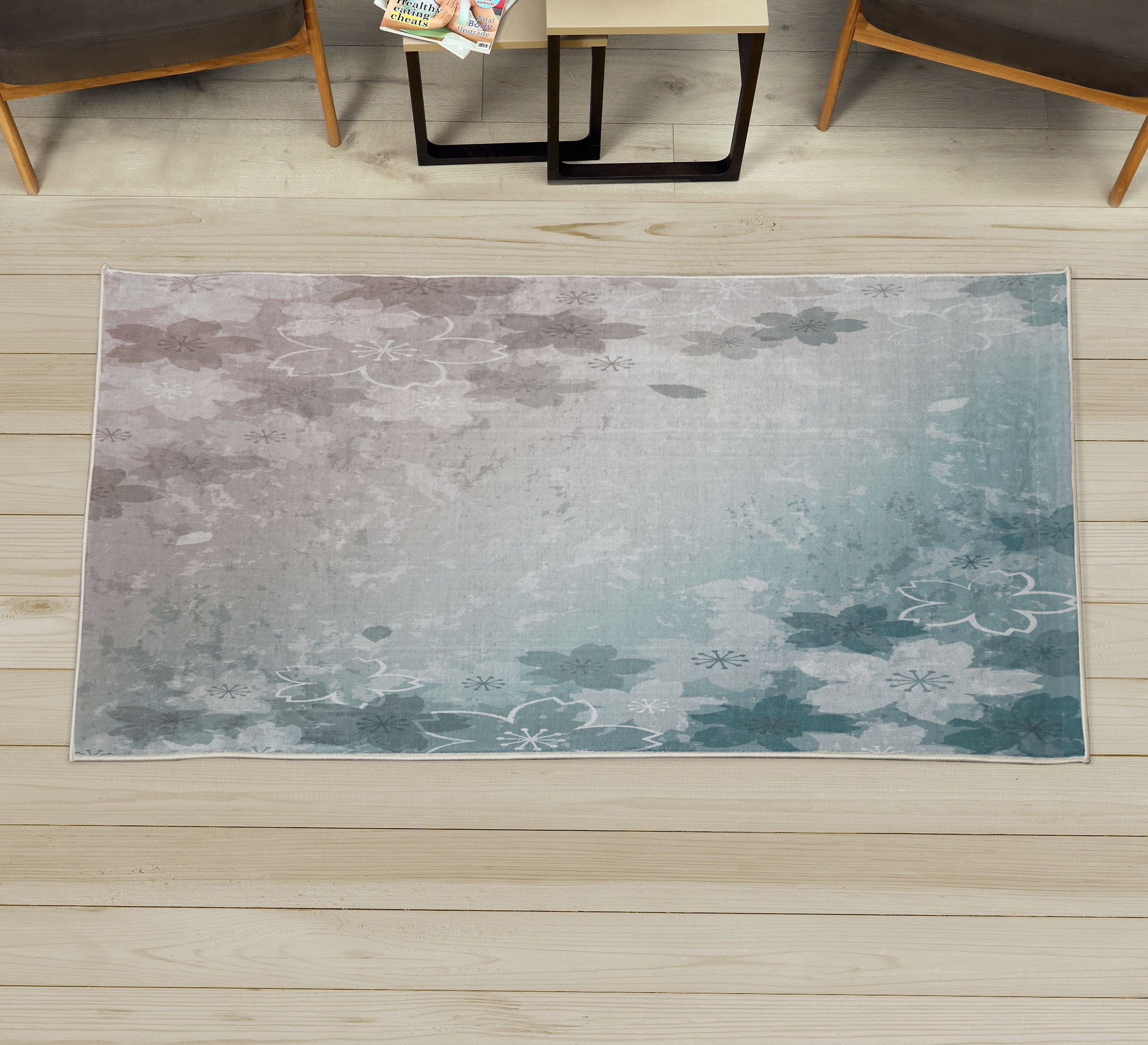 Nature Decorative Rug, Cherry Blossoms Pattern in Shabby Form Style ...