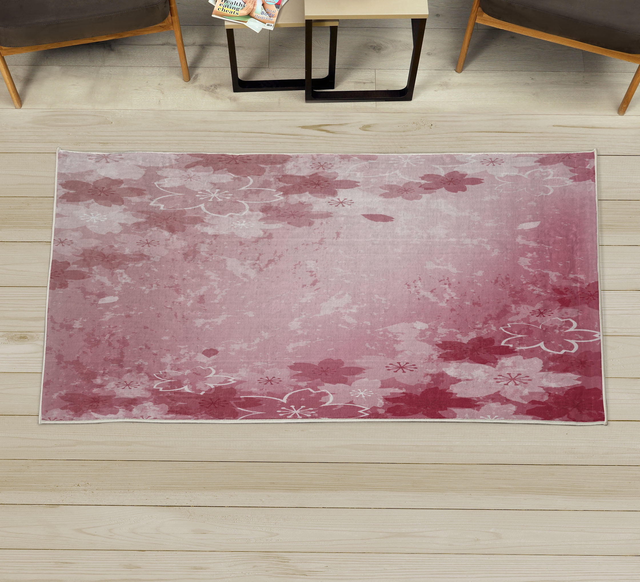 Nature Decorative Rug, Cherry Blossoms Pattern in Shabby Form Style ...