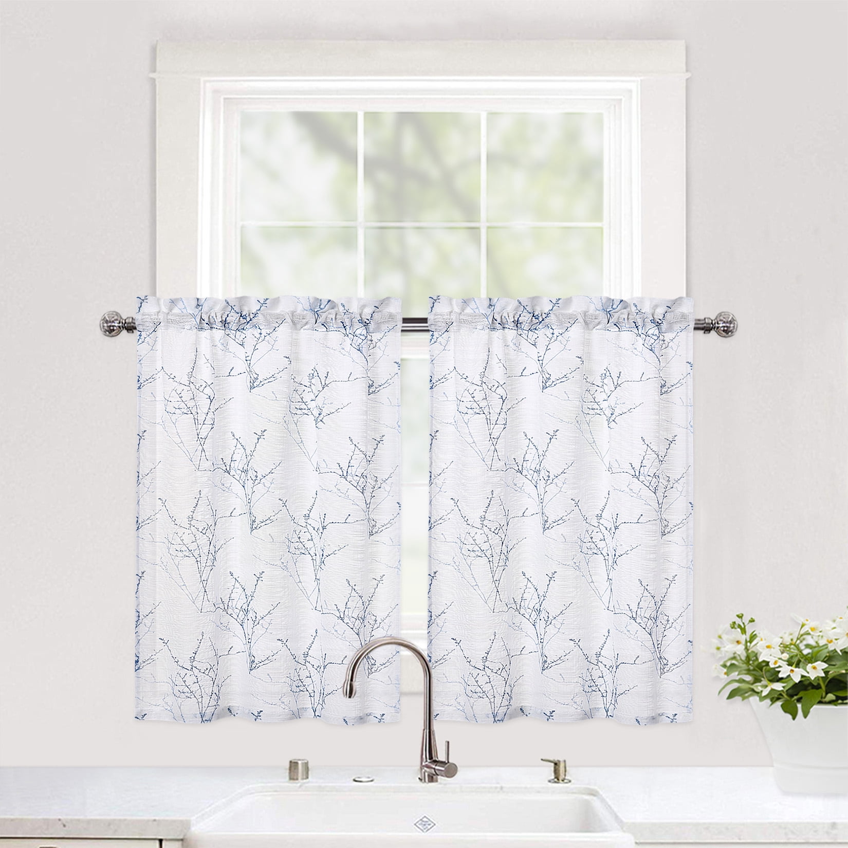 Nature Design Tree Branch Café Curtains Farmhouse Linen Textured Floral ...