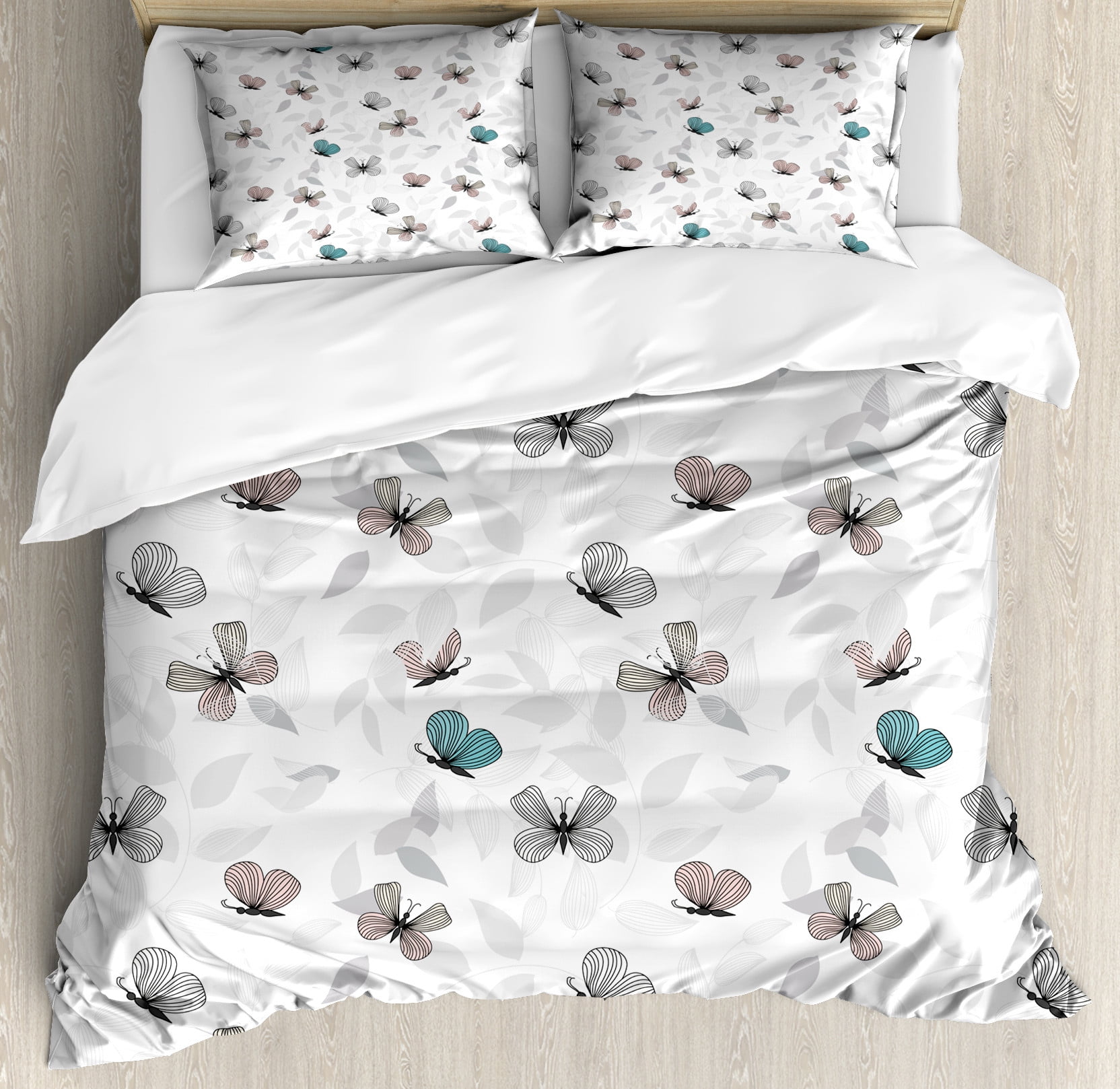 Nature Duvet Cover Set, Abstract Flying Butterfly Patterns Pale Flowers ...