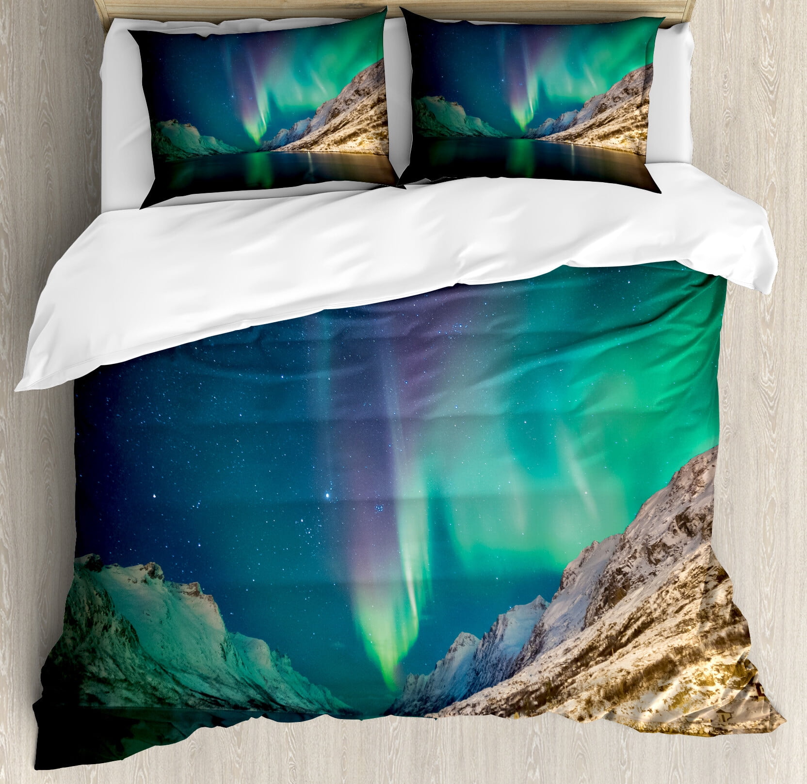 Nature Duvet Cover Set, Aurora Borealis Above the Rocky Hills Poles ...