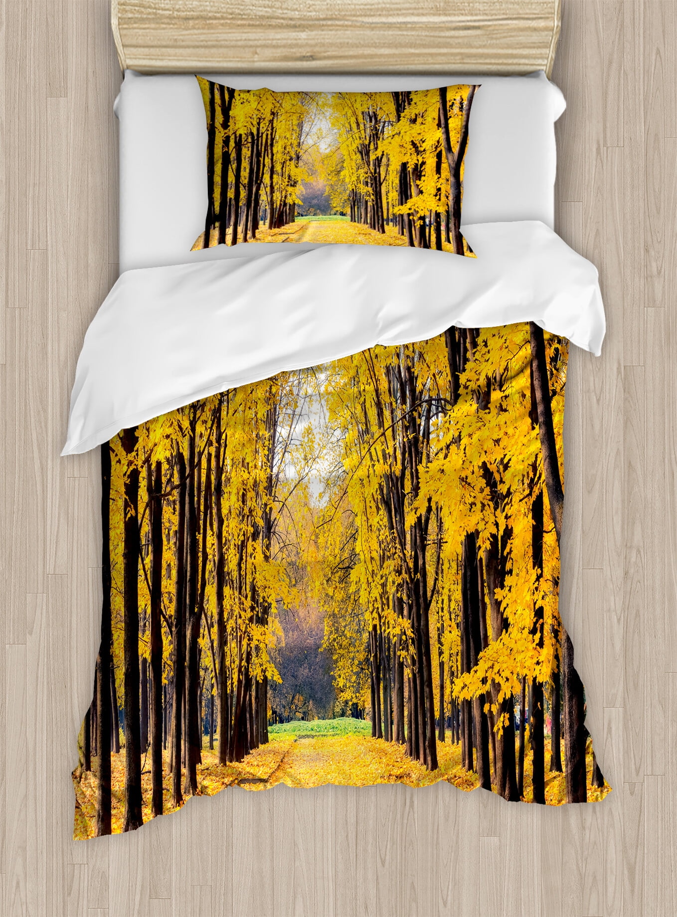 Nature Duvet Cover Set, Autumn Fall Season Trees Falls Dried Leaves ...