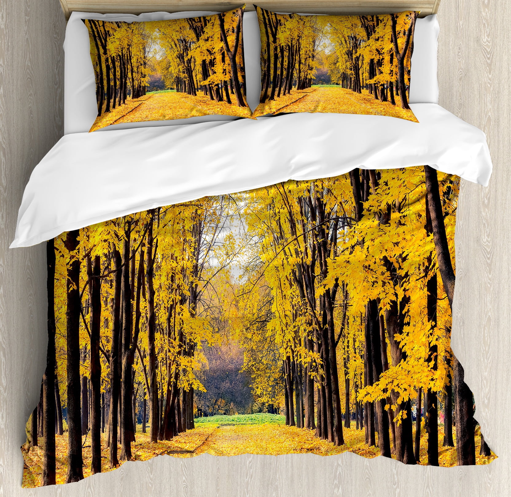 Nature Duvet Cover Set, Autumn Fall Season Trees Falls Dried Leaves ...