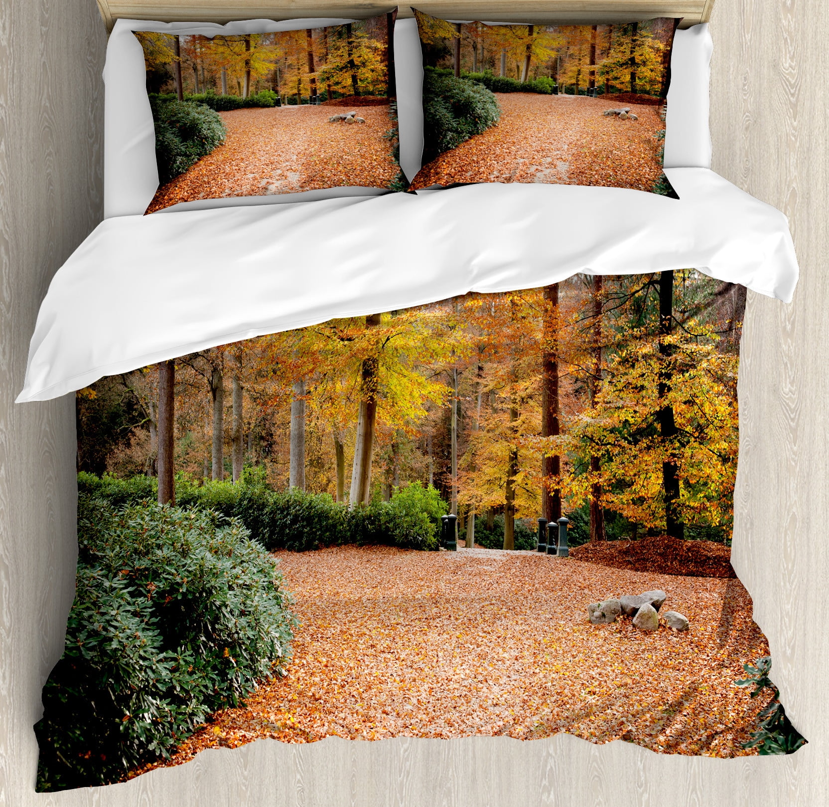 Nature Duvet Cover Set, Autumn Forest with Deciduous Trees Fall Leaves ...