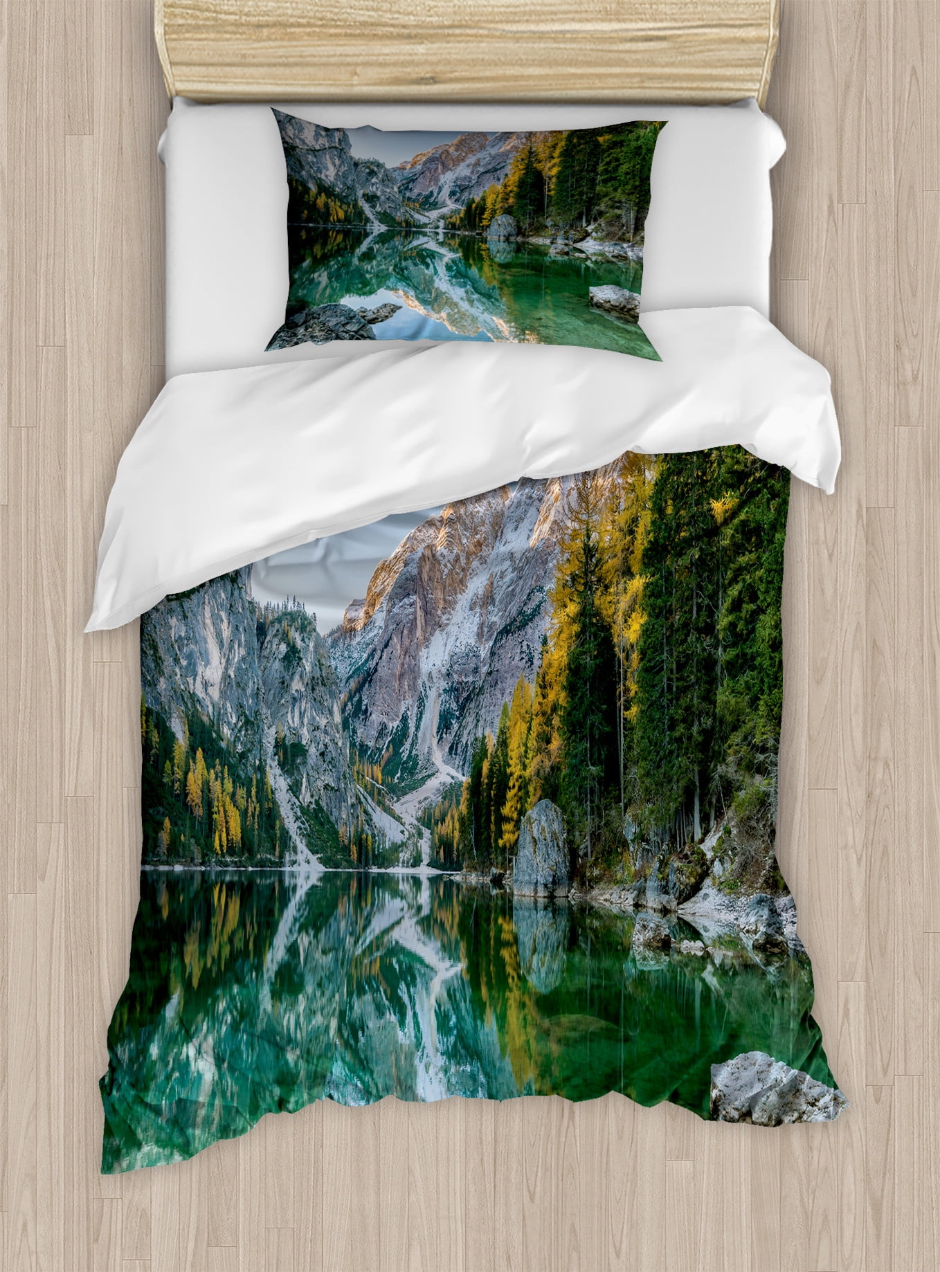 Nature Duvet Cover Set, Autumn Landscape with Faded Trees and Mountains ...