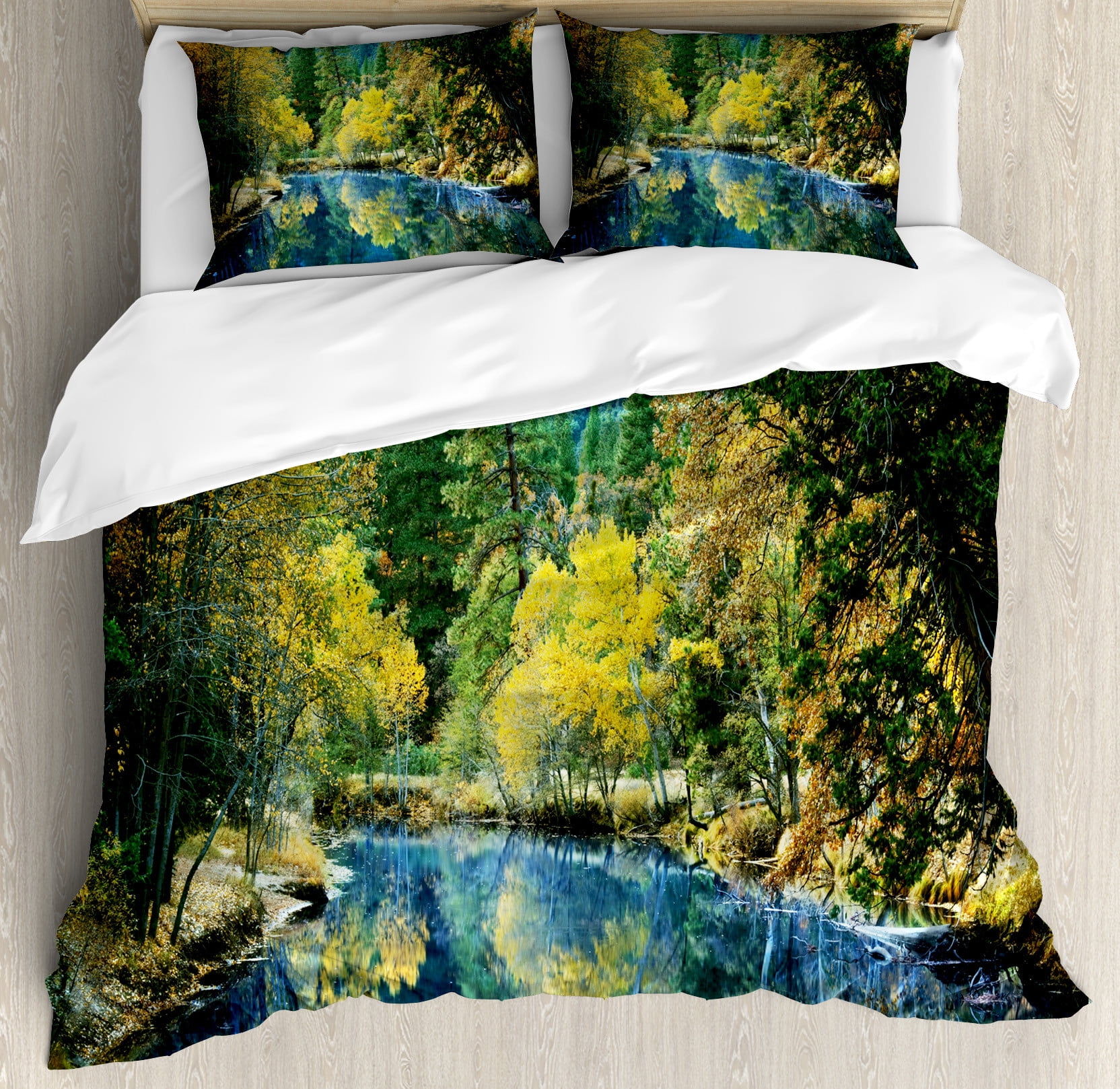 Nature Duvet Cover Set, Autumn Landscape Scenery Forest by River ...