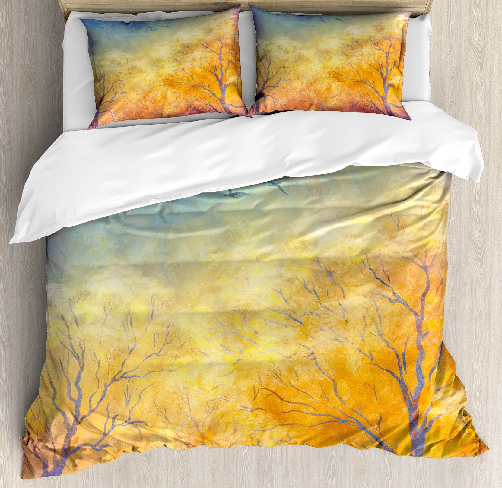 Nature Duvet Cover Set, Autumn Trees Gulls Skying in Sky Watercolor ...