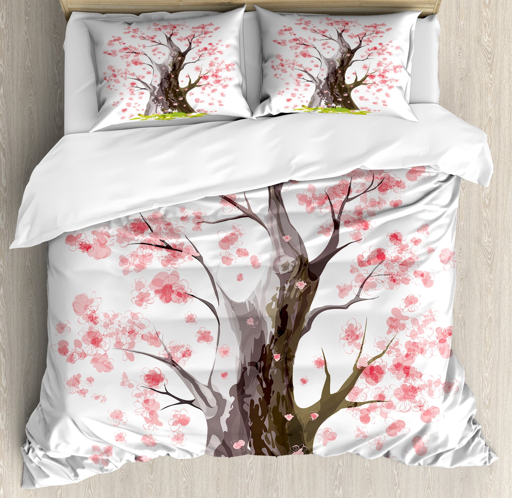 Nature Duvet Cover Set, Big Sakura Tree in Full Blossom Seasonal Far ...