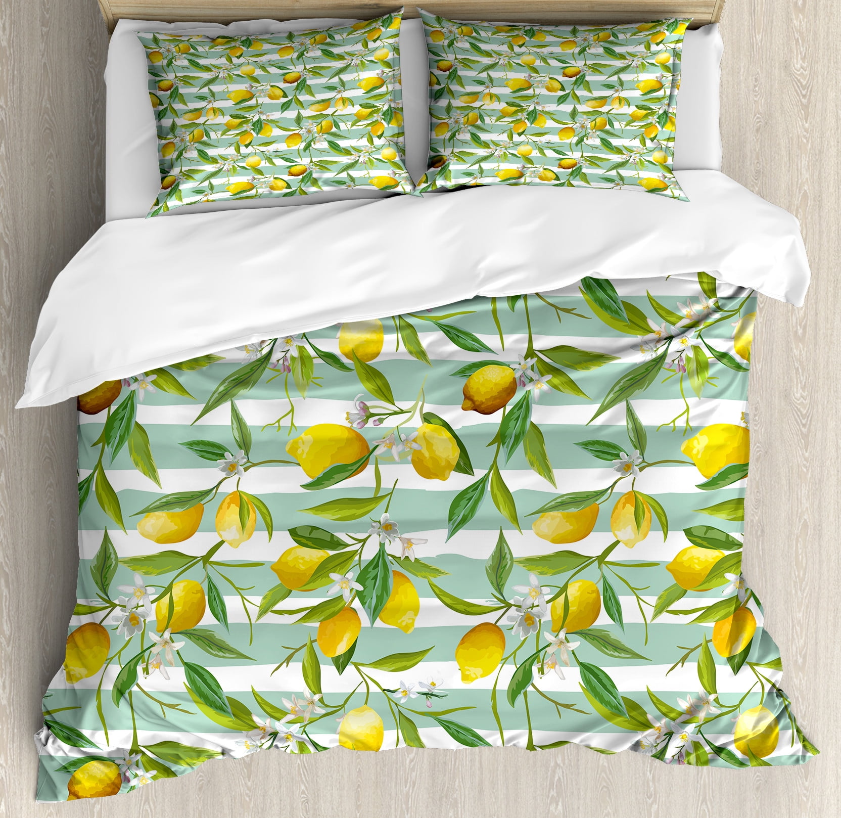 Nature Duvet Cover Set, Blooming Lemon Tree on Striped Paintbrush ...