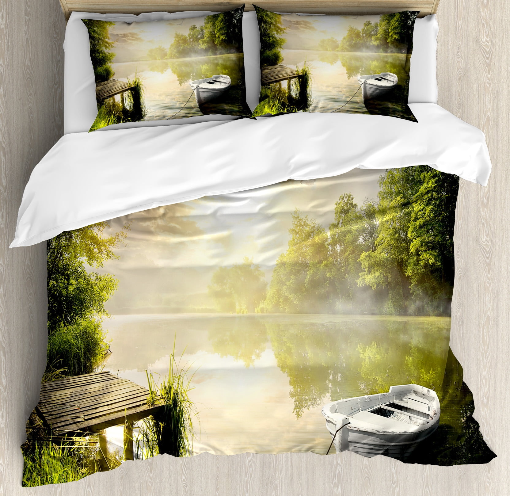 Nature Duvet Cover Set, Boat by the Foggy Lake Deck Dreamy Forest in ...