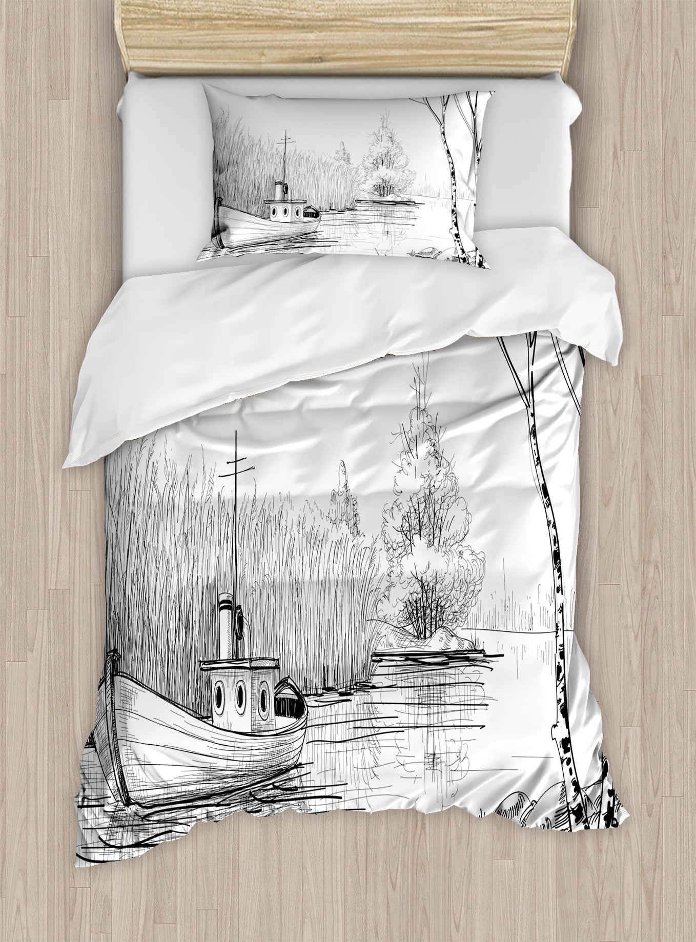 Nature Duvet Cover Set, Boat on the River by the Water Reeds Fishing ...