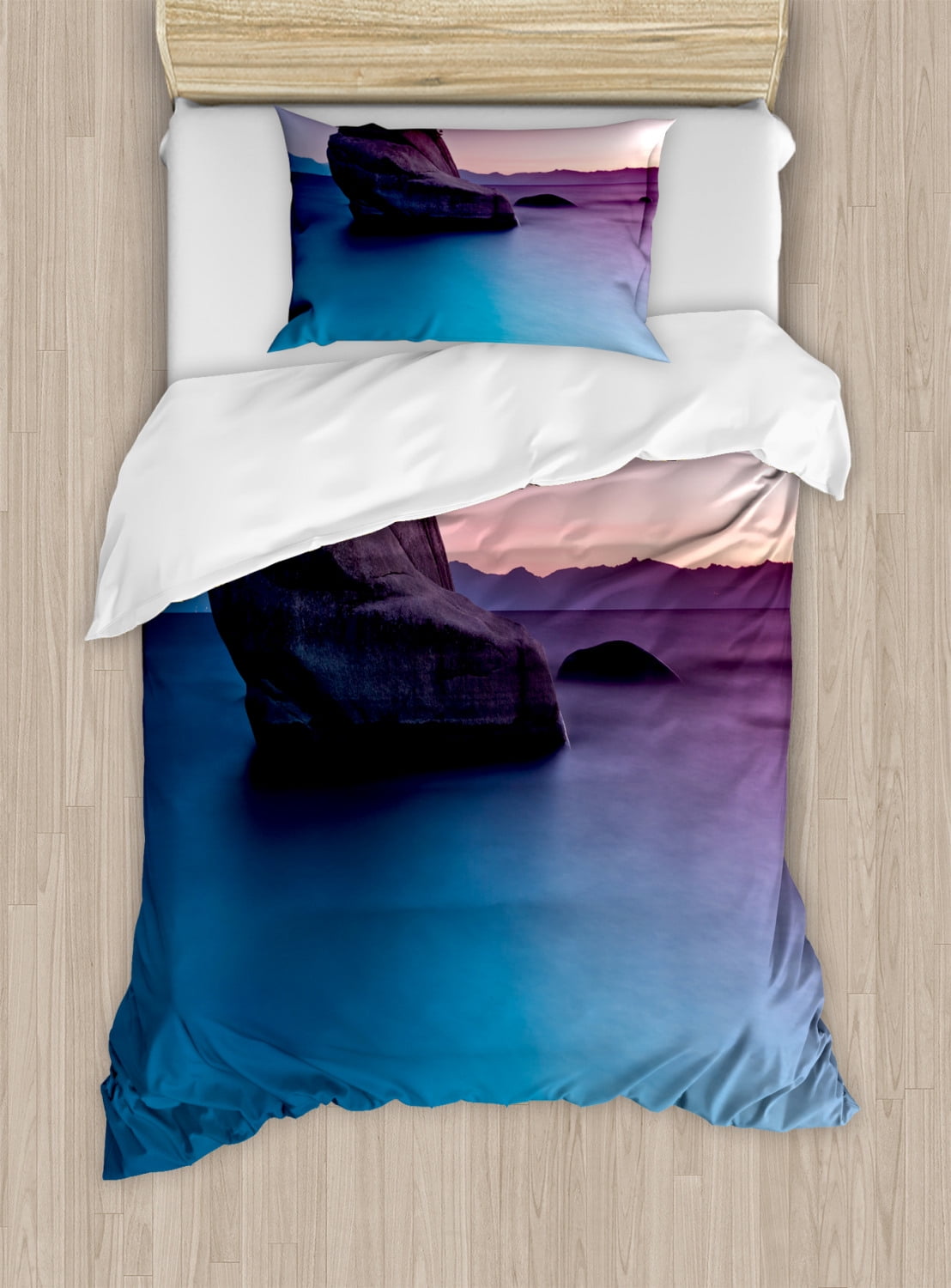 Nature Duvet Cover Set, Bonsai Rock in Lake Tahoe Tropical Surreal ...