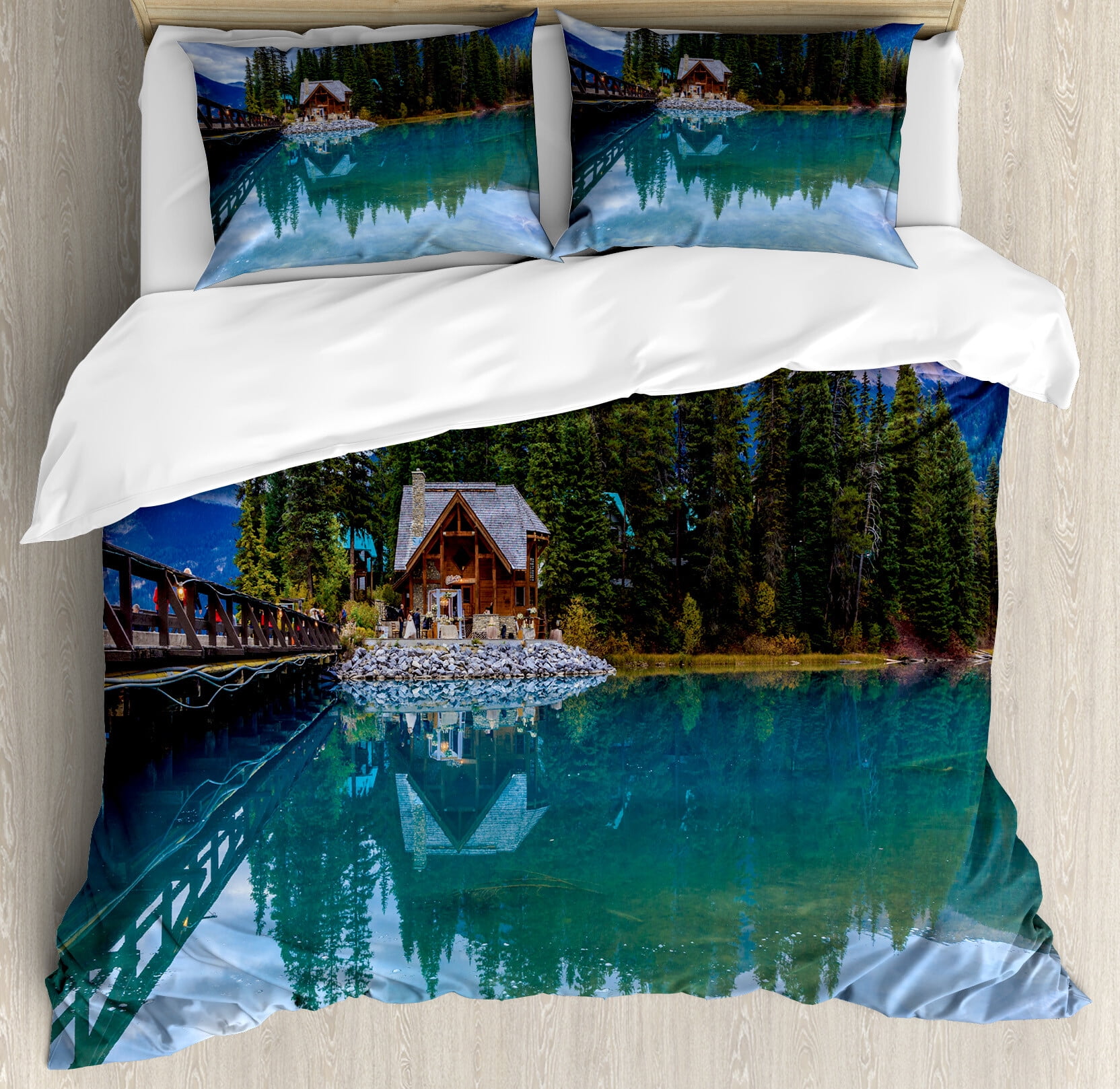 Nature Duvet Cover Set, Canadian Emerald Lake Scenery with a Wooden ...