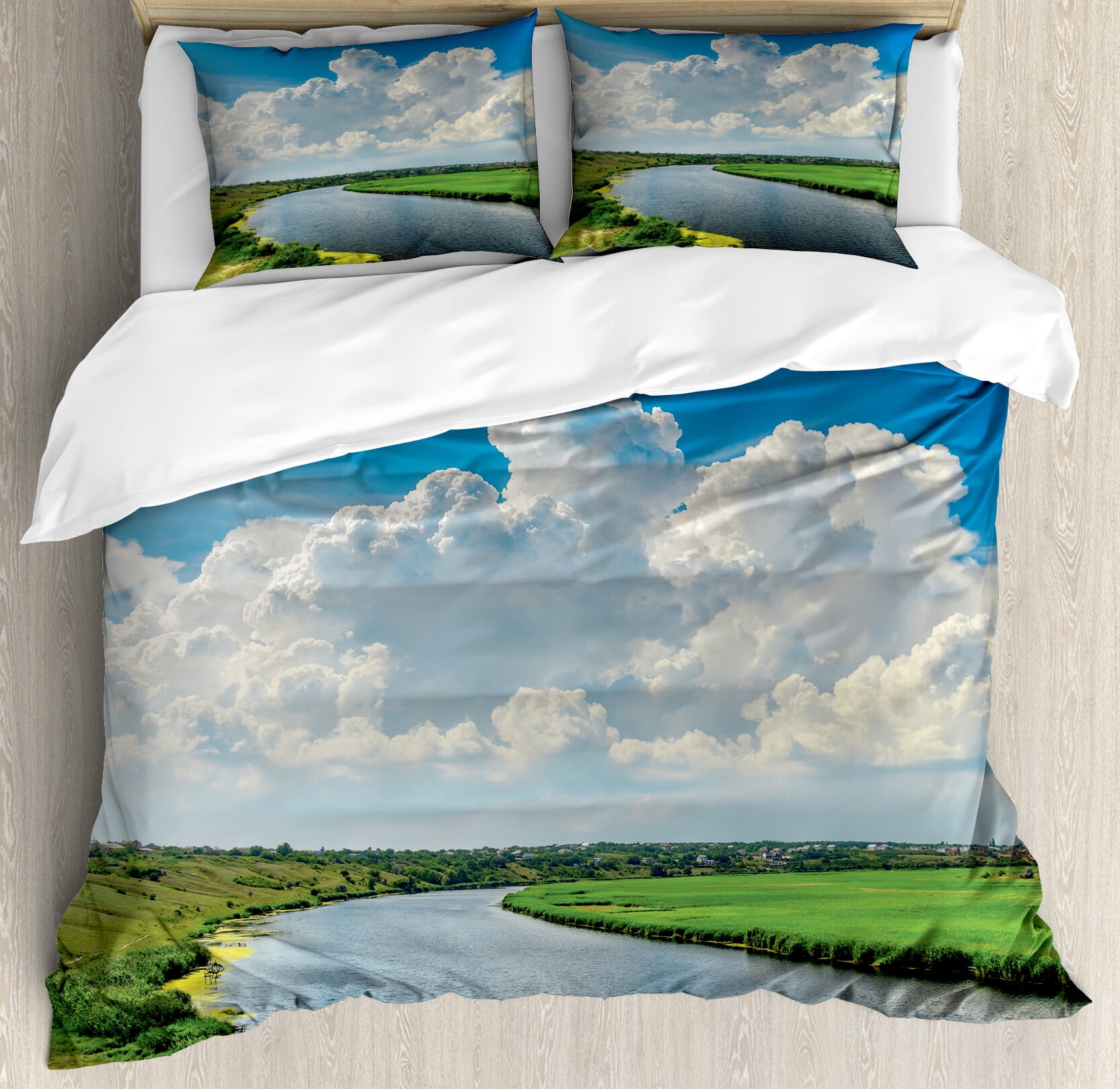 Nature Duvet Cover Set, Clouds over Moving River Landscape with Meadows ...