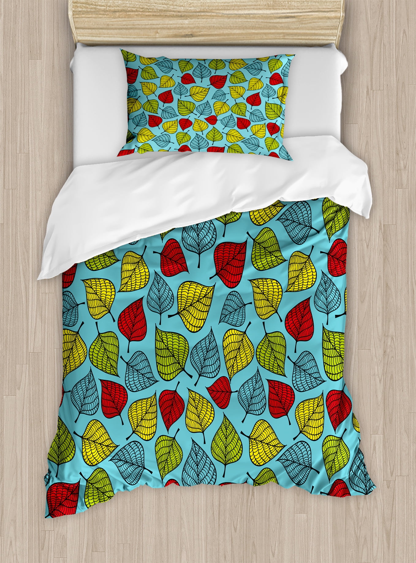 Nature Duvet Cover Set, Colorful Hand Drawn Falling Leaves Blue ...