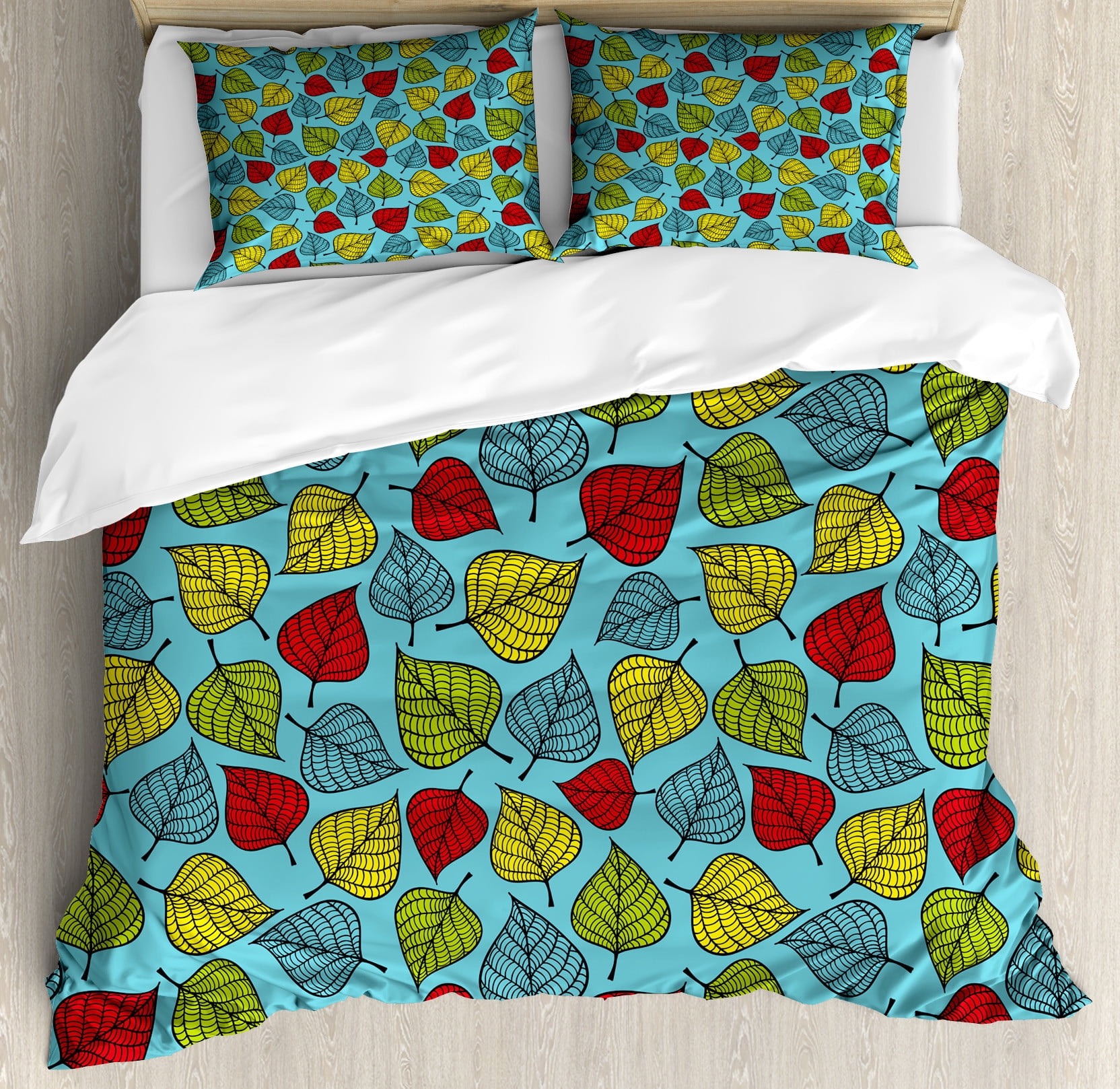 Nature Duvet Cover Set, Colorful Hand Drawn Falling Leaves Blue ...