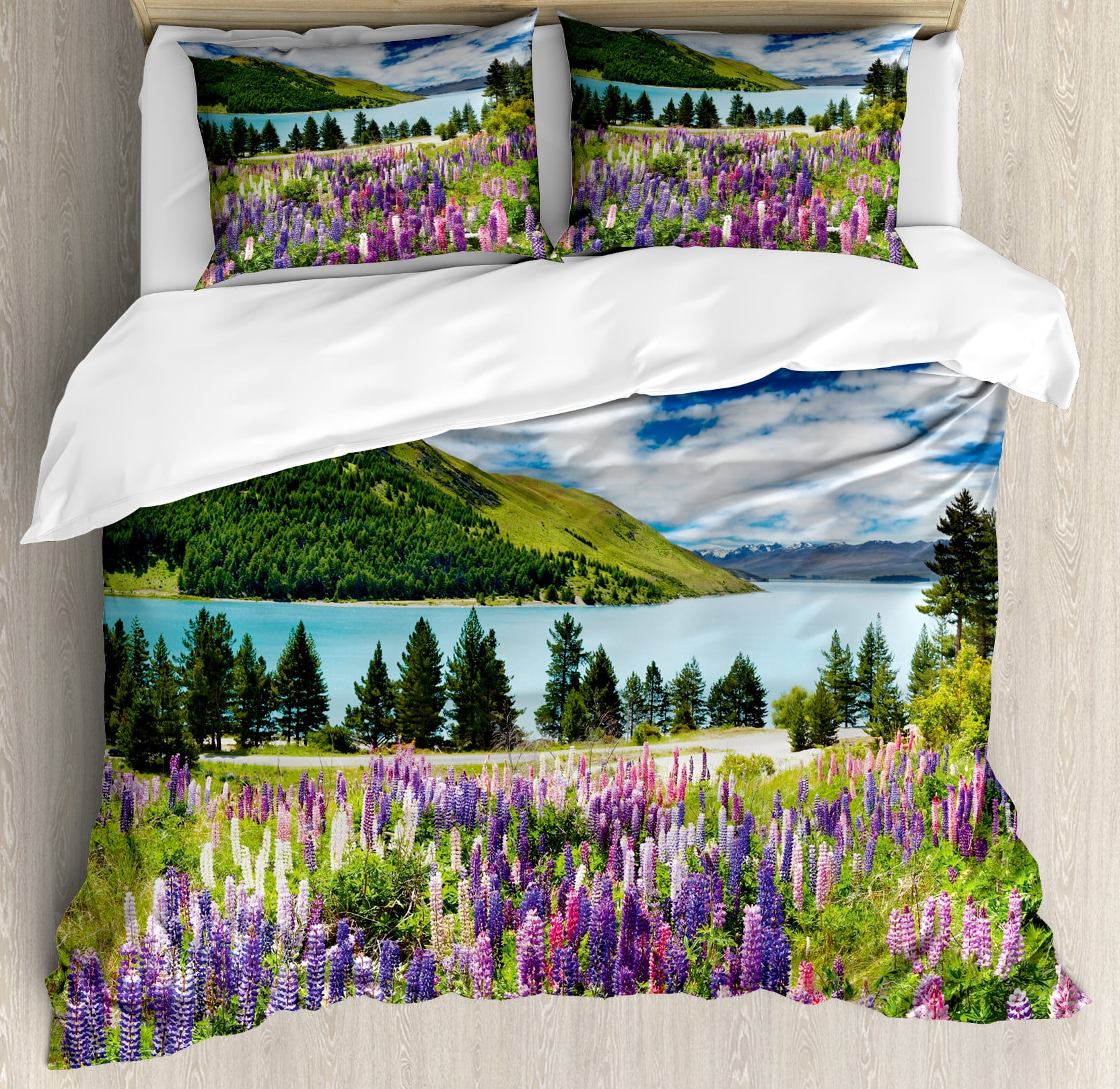Nature Duvet Cover Set, Floral Mountain Meadow Valley by Lake with ...