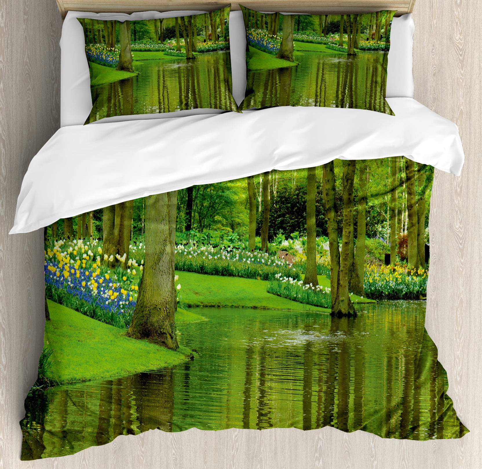 Nature Duvet Cover Set, Forest with Lake Dutch Garden Pastoral Woodland ...