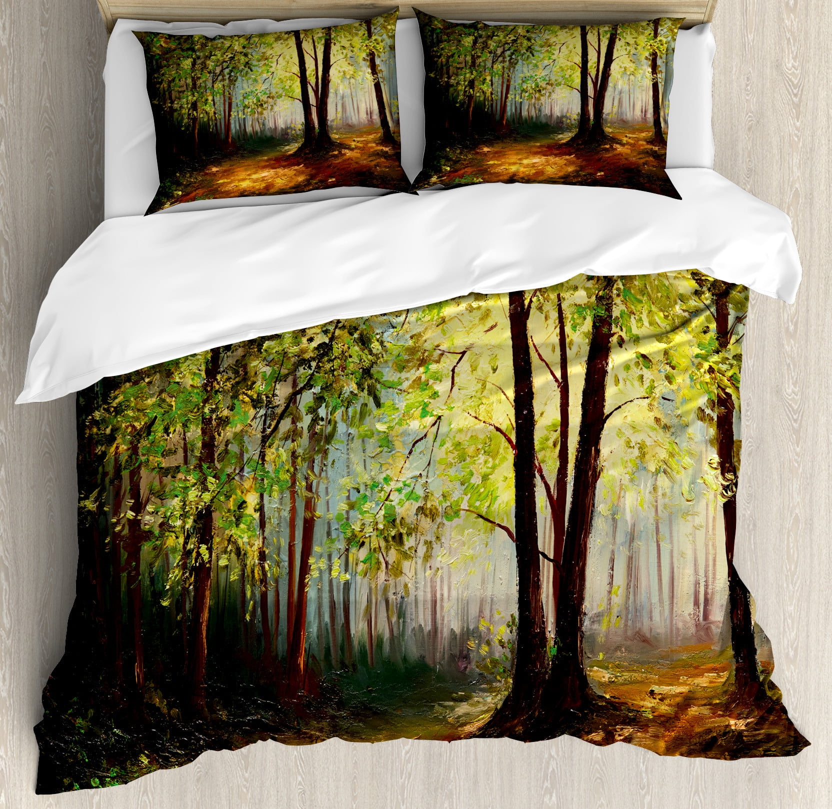 Nature Duvet Cover Set, Forest Tree Painting in Earthen Color Effects ...
