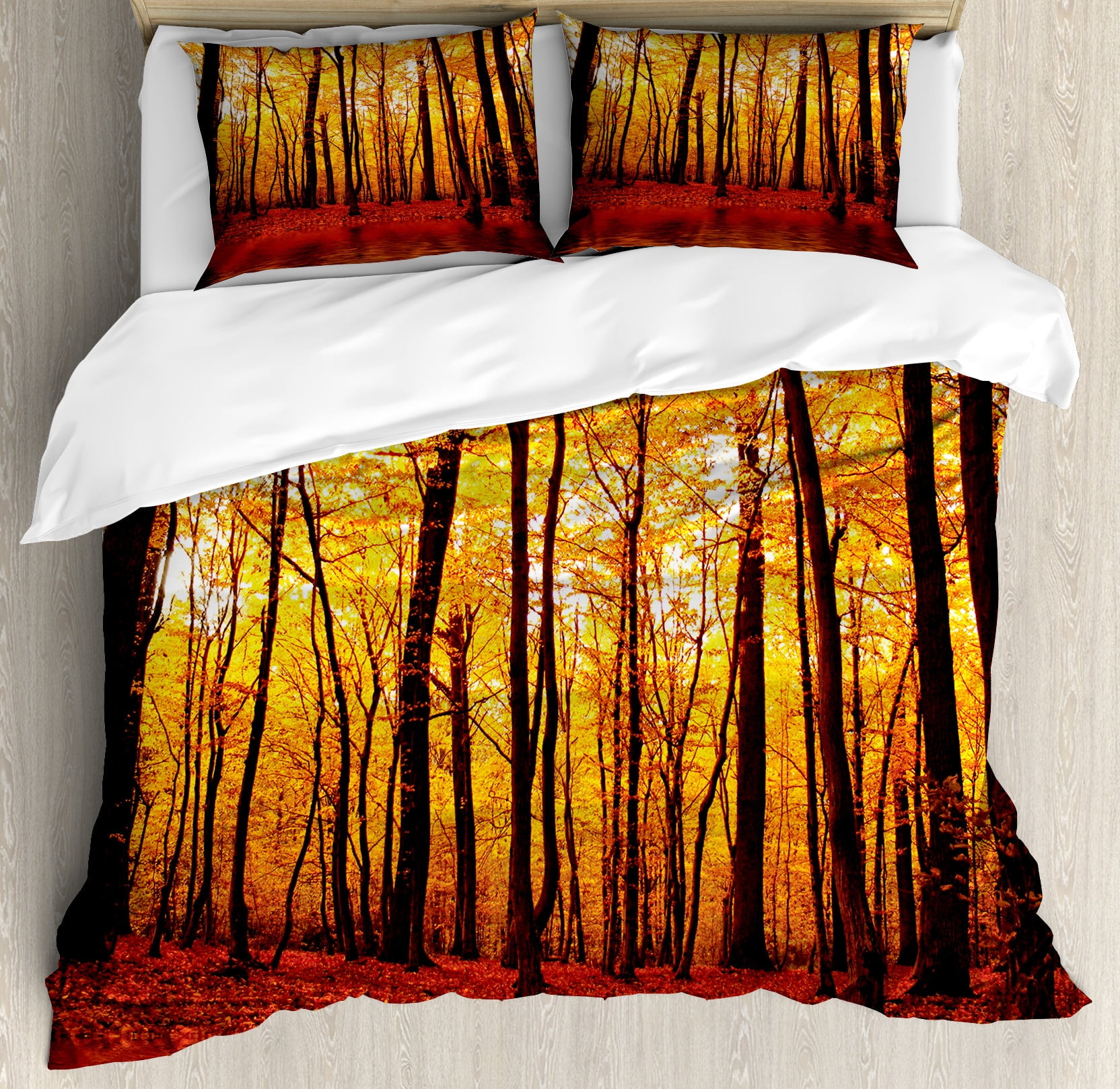 Nature Duvet Cover Set, Forest Trees in the Fall with Orange Warm ...