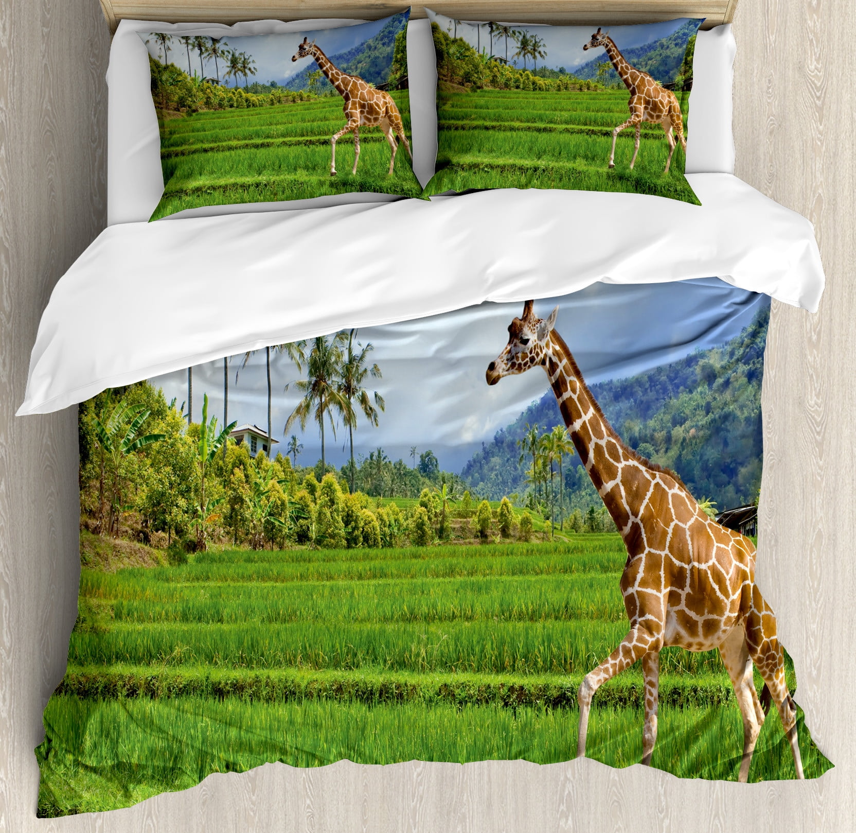 Nature Duvet Cover Set, Giraffe Goes on Grass Against Mountain Tropical ...