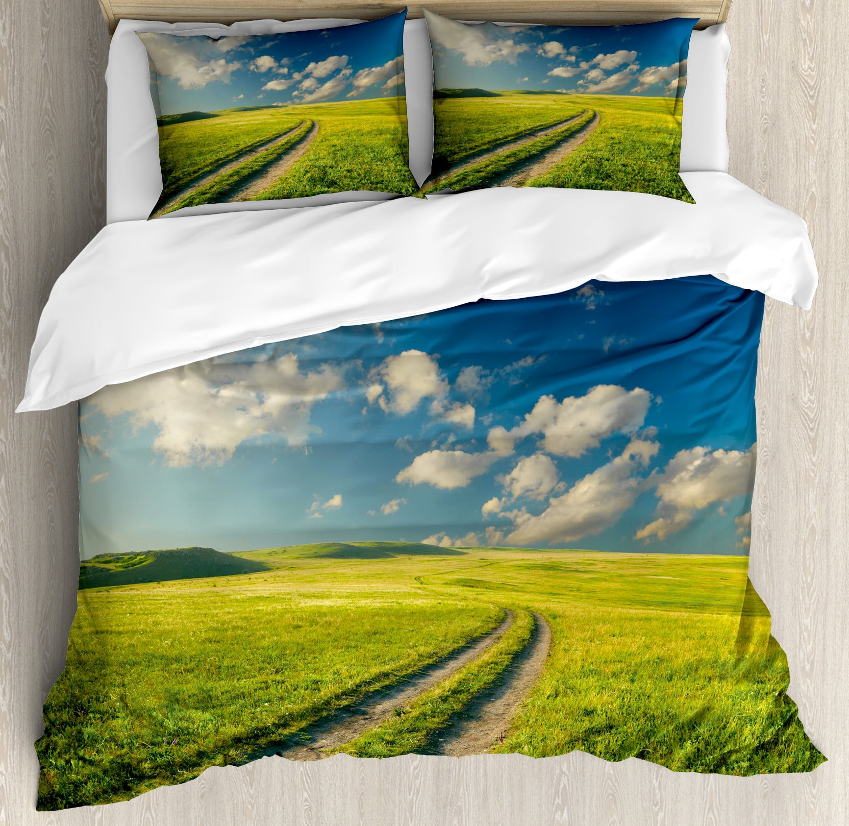 Nature Duvet Cover Set, Grass Path Clouds Sky Serene Sun Spring Rural ...