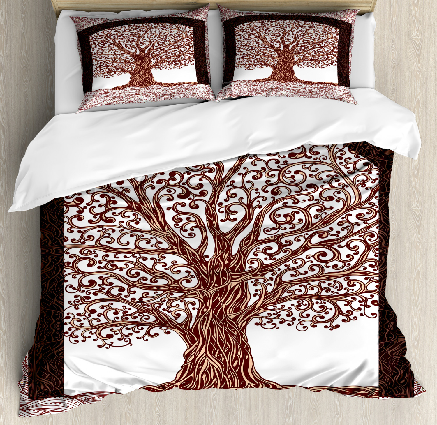 Nature Duvet Cover Set, Hand Drawn Tree Branch Roots with Modern Wavy ...