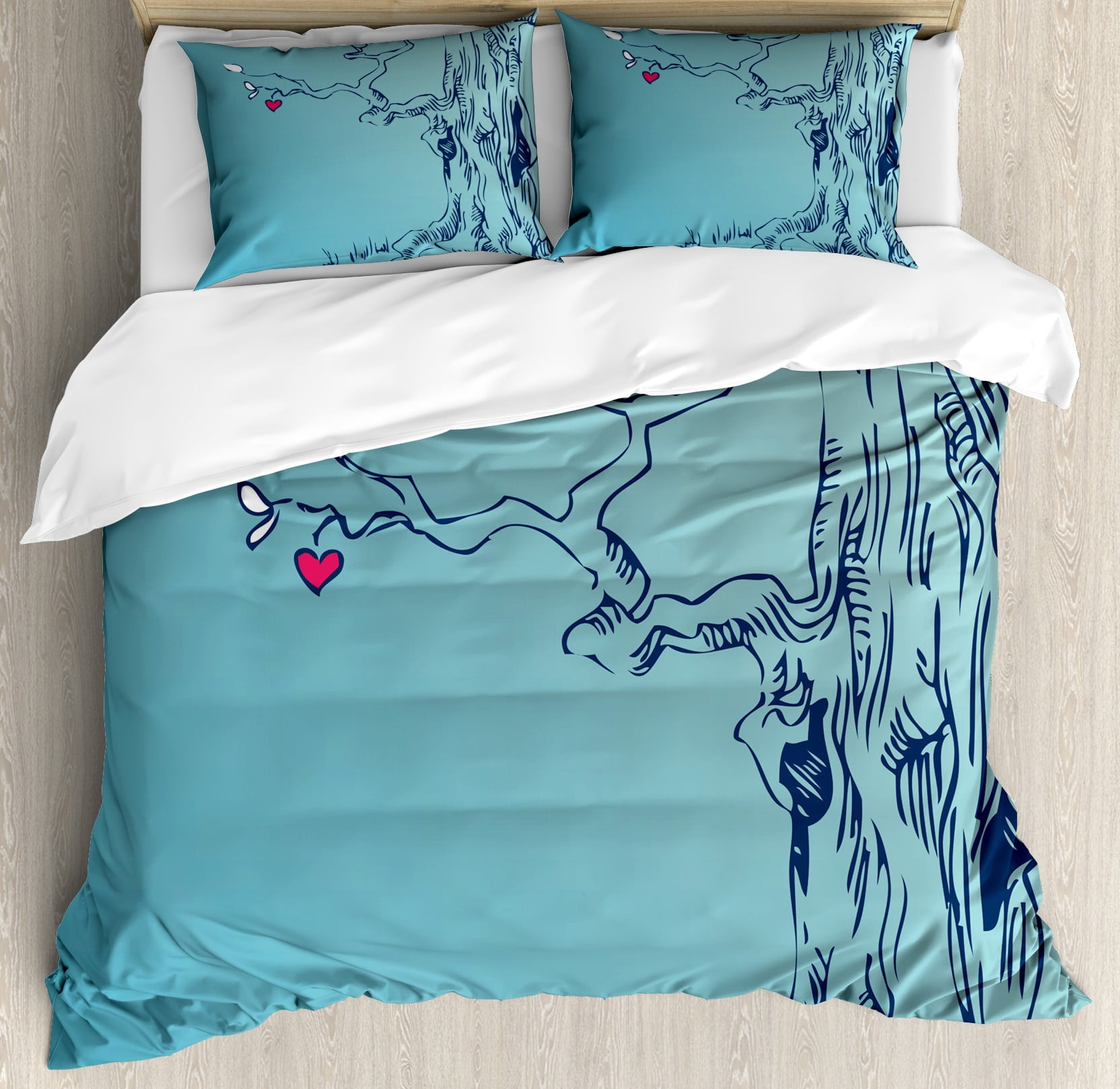 Nature Duvet Cover Set, Hand Drawn Tree with Hearts and Leaves Branches ...