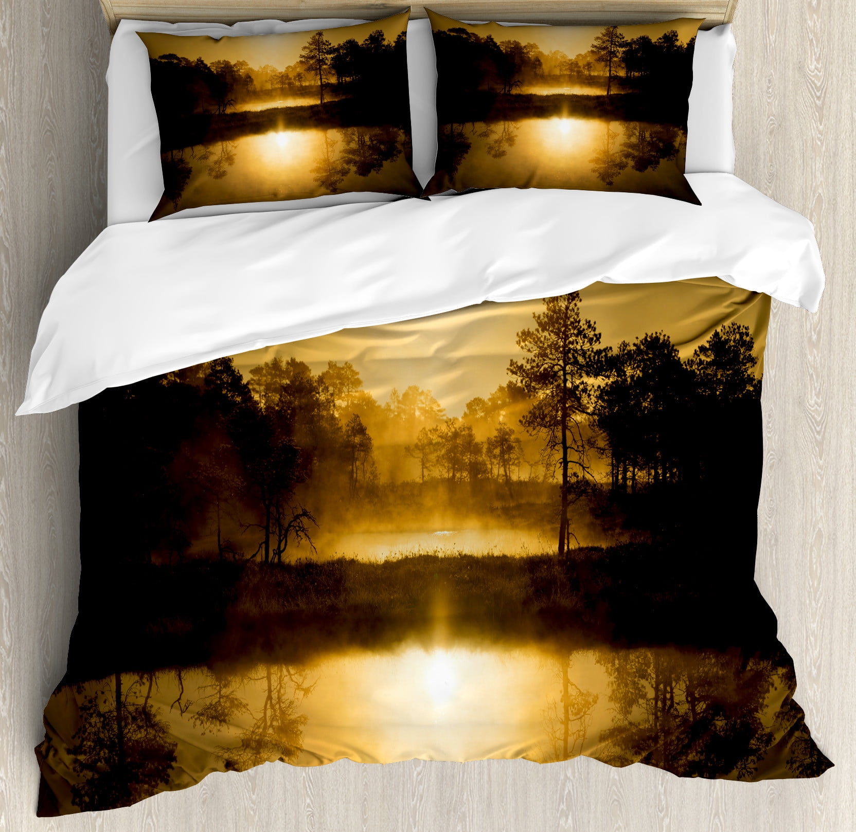 Nature Duvet Cover Set, Idyllic Sunrise in the Bog with Tree ...