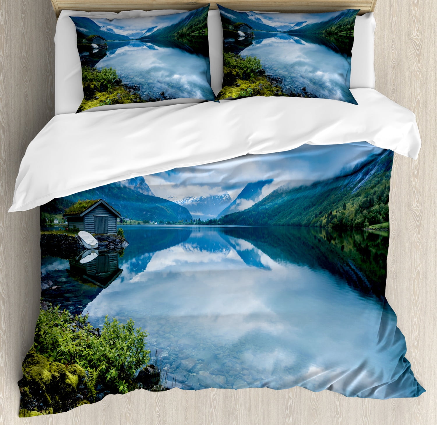Nature Duvet Cover Set King Size, Landscape Photography with Wooden ...