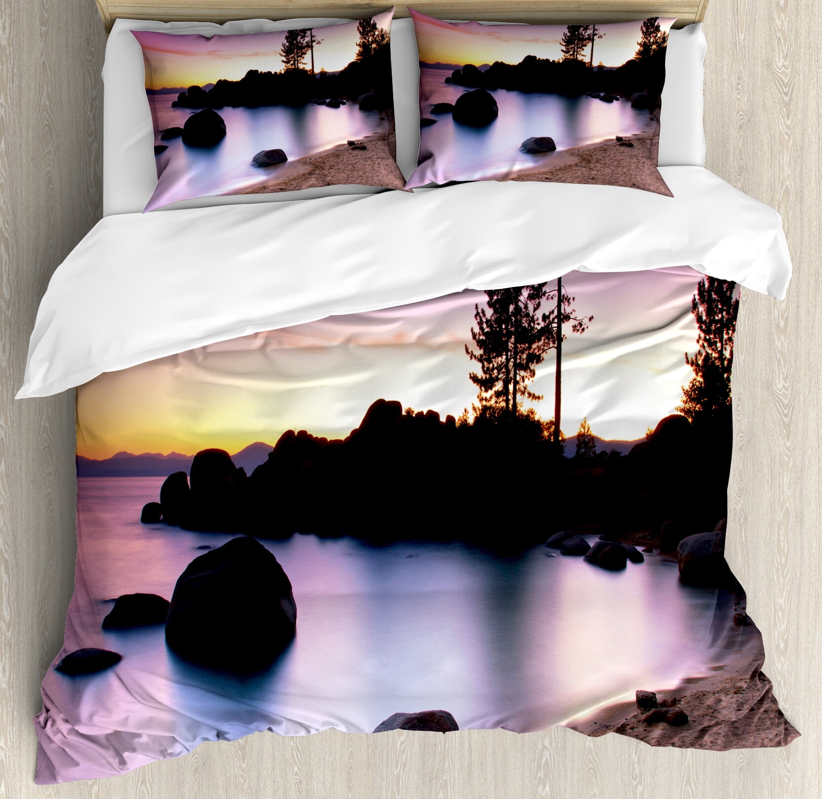 Nature Duvet Cover Set, Lake Tahoe Beach at Sunset with Dreamy Purple ...