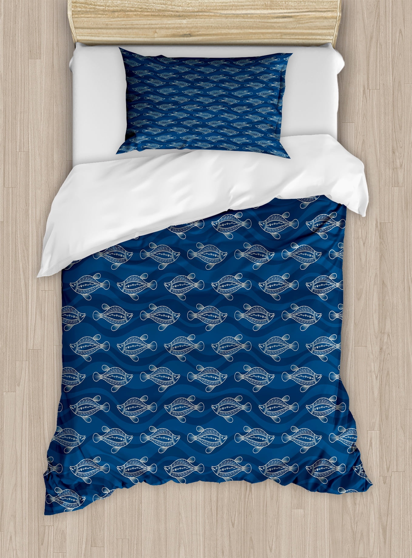 Nature Duvet Cover Set, Marine Animal Shapes with Wave Patterns and ...