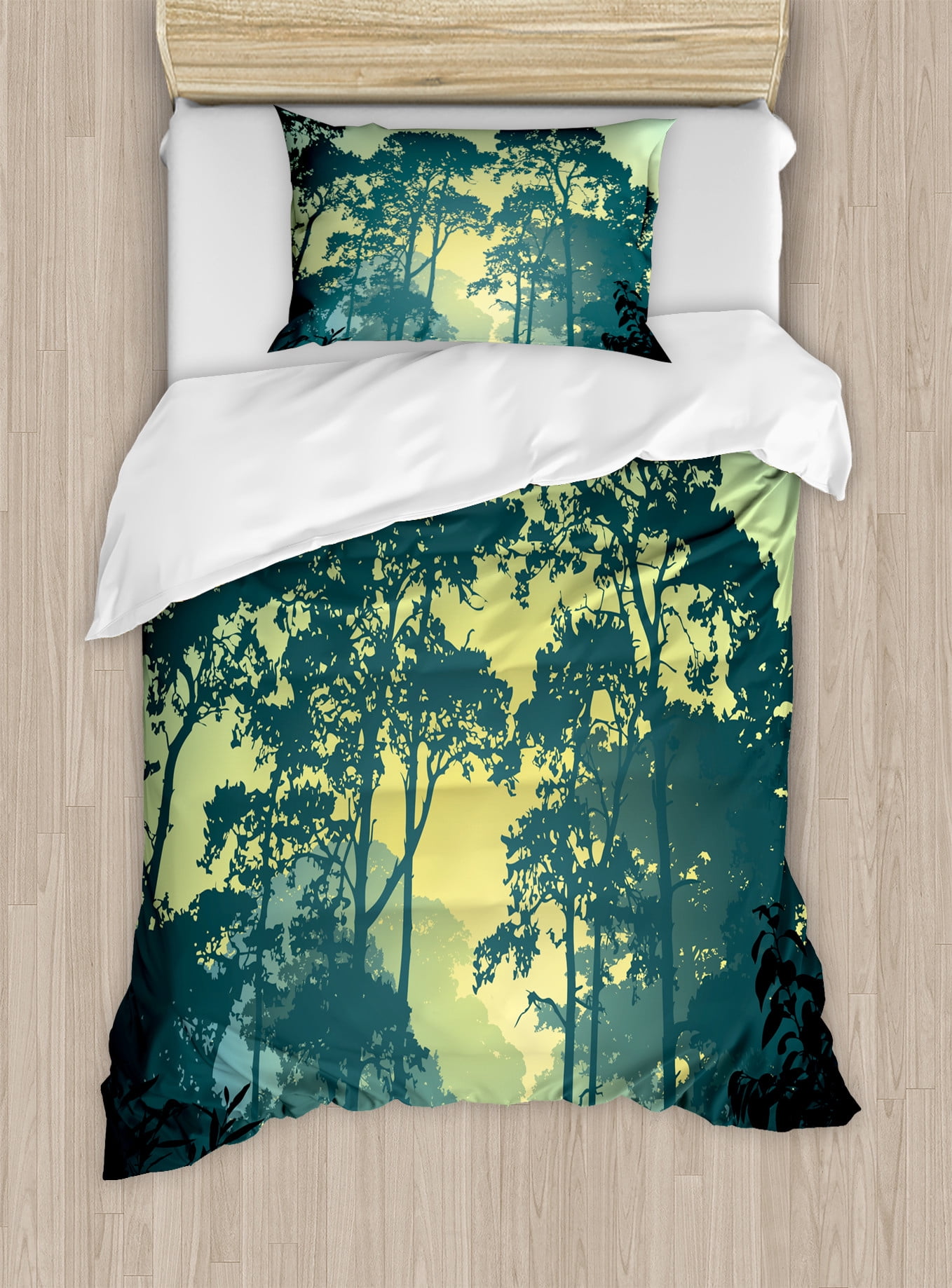 Nature Duvet Cover Set, Mist Forest Scenery with Tree Tops at Sunset ...