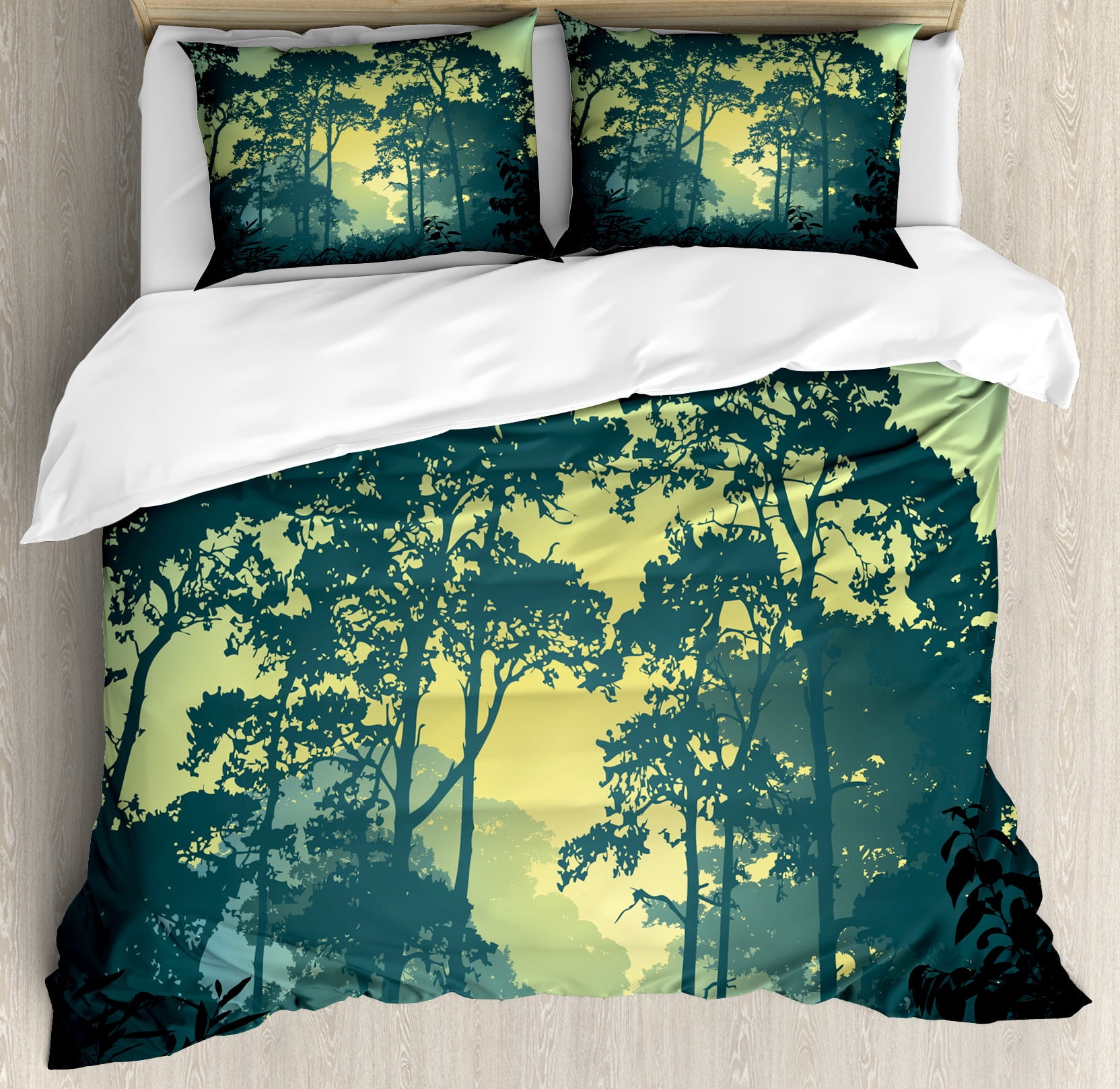 Nature Duvet Cover Set, Mist Forest Scenery with Tree Tops at Sunset ...