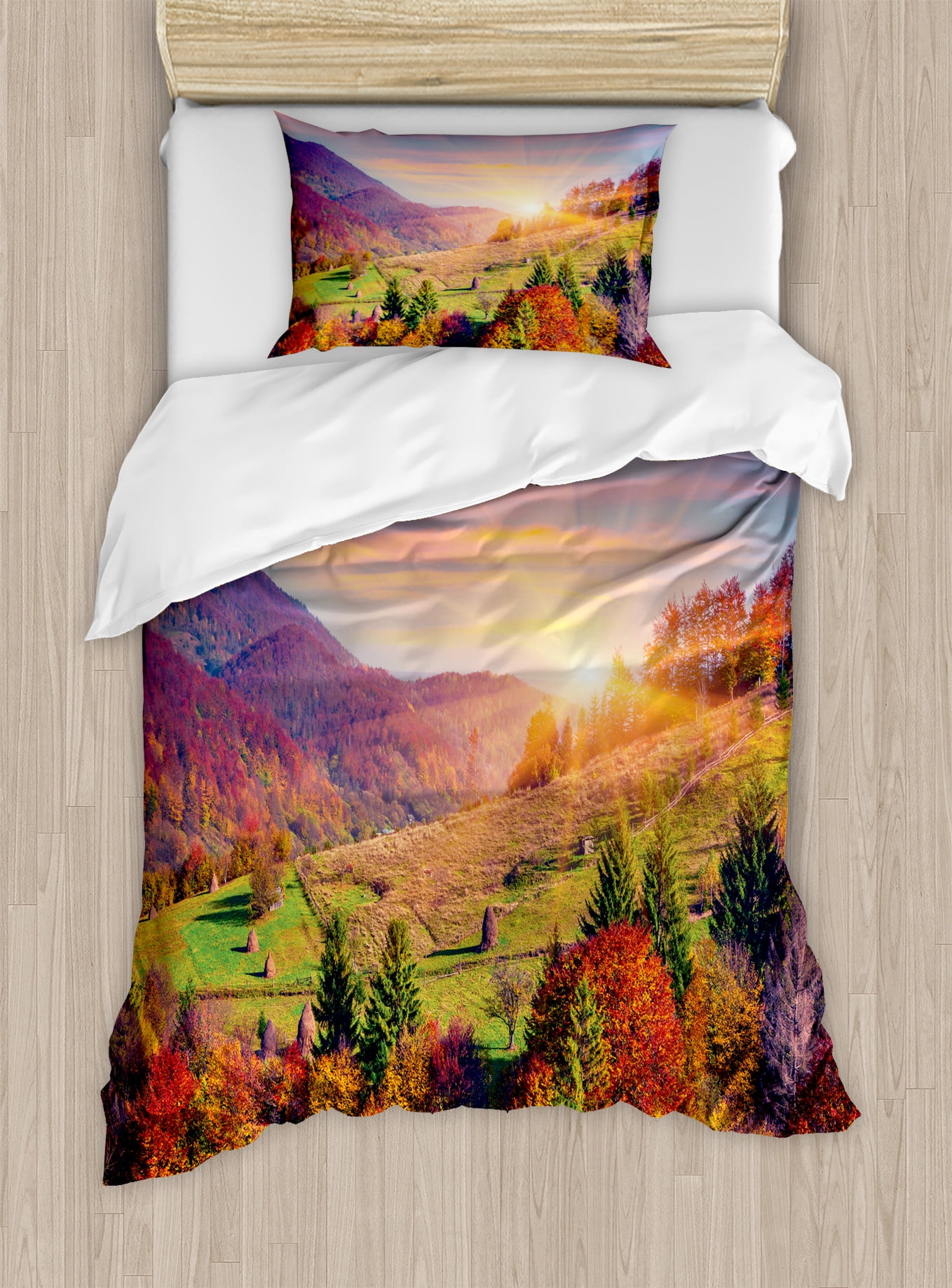 Nature Duvet Cover Set, Pastoral Autumn Morning in Mountain Village ...