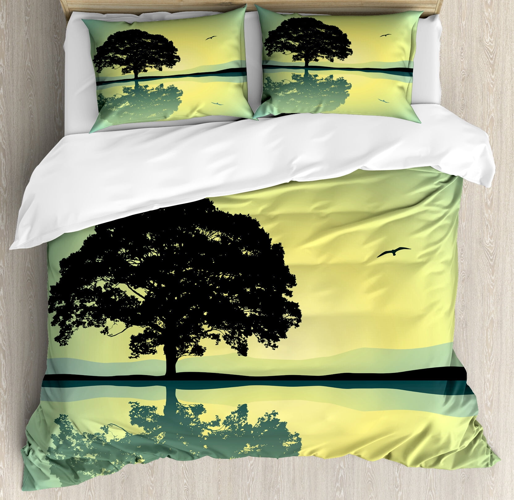 Nature Duvet Cover Set, Plant Standinglone Reflection in Water Gulls ...