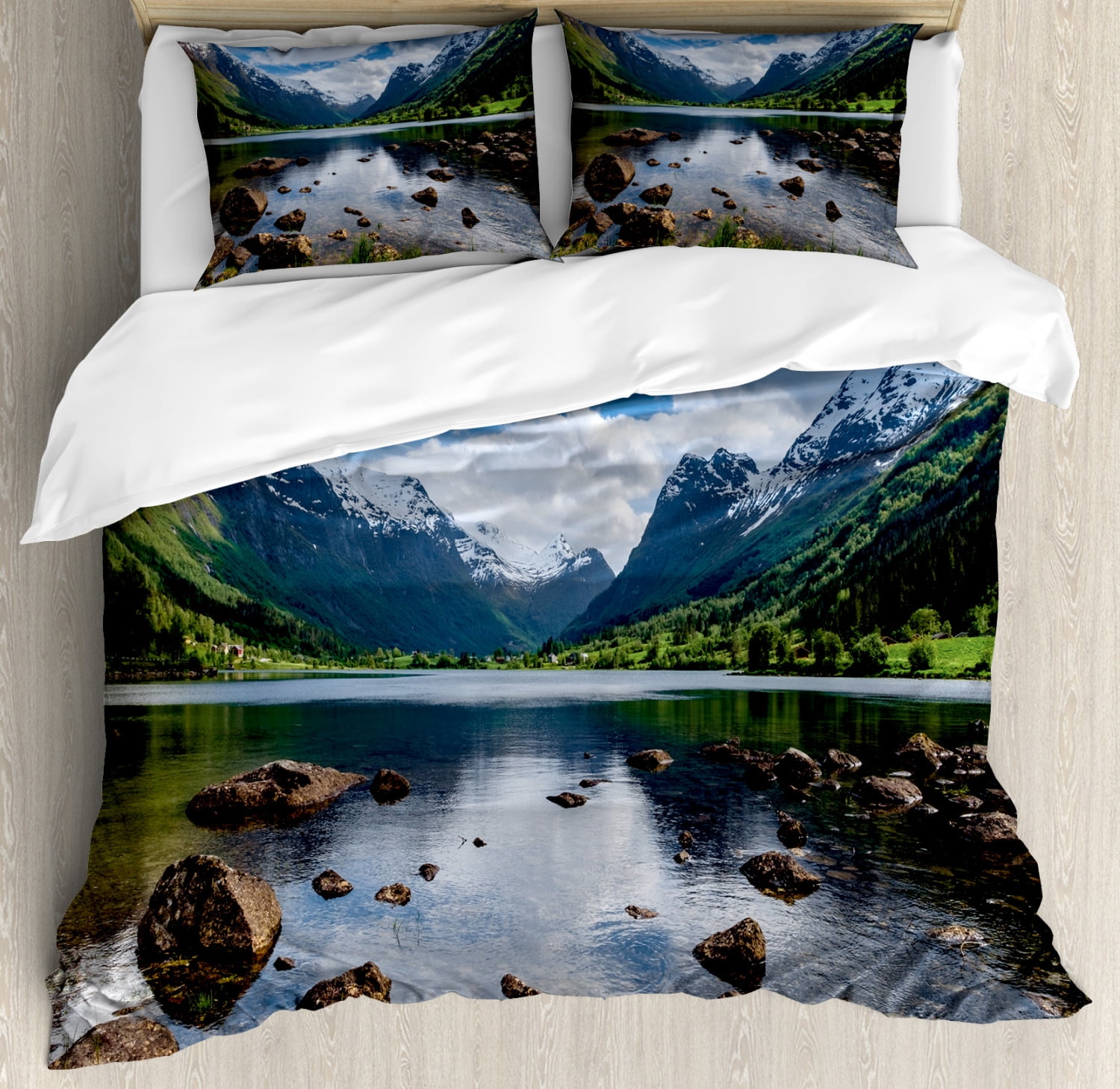 Nature Duvet Cover Set Queen Size, Mountains River and Open Sky Natural ...