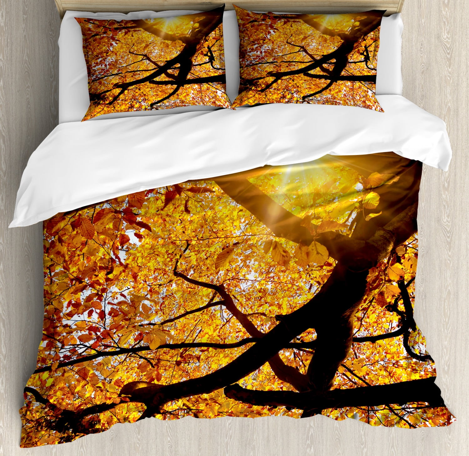 Nature Duvet Cover Set Queen Size, Sun through Leaf Golden Yellow Vivid ...