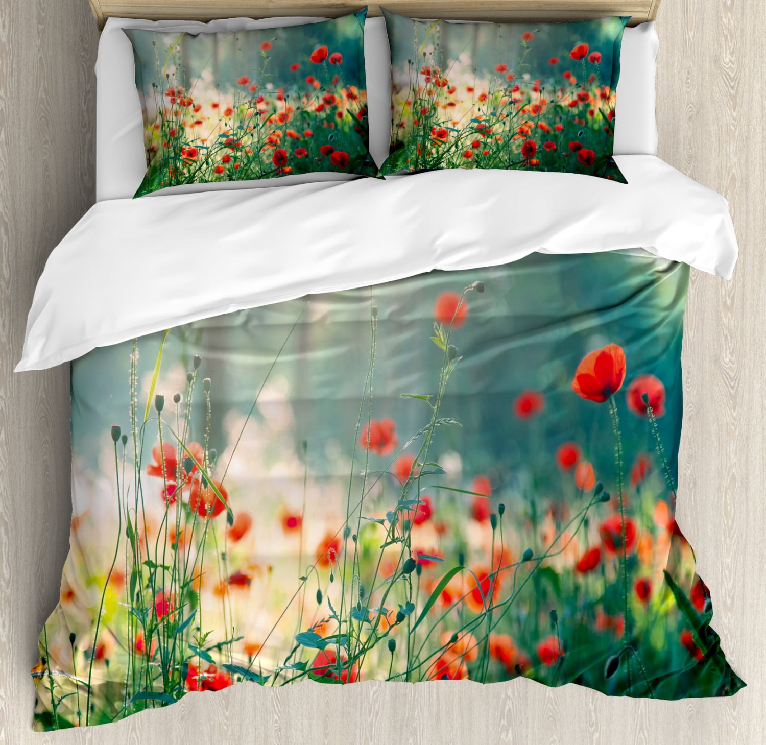 Nature Duvet Cover Set Queen Size, Wild Red Poppy Flowers Field ...
