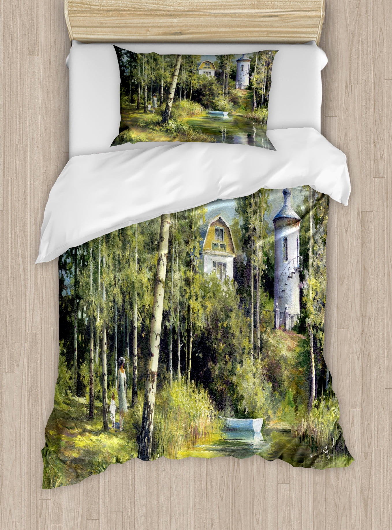 Nature Duvet Cover Set, Rural Scenery with an Old House, Lake and Retro ...