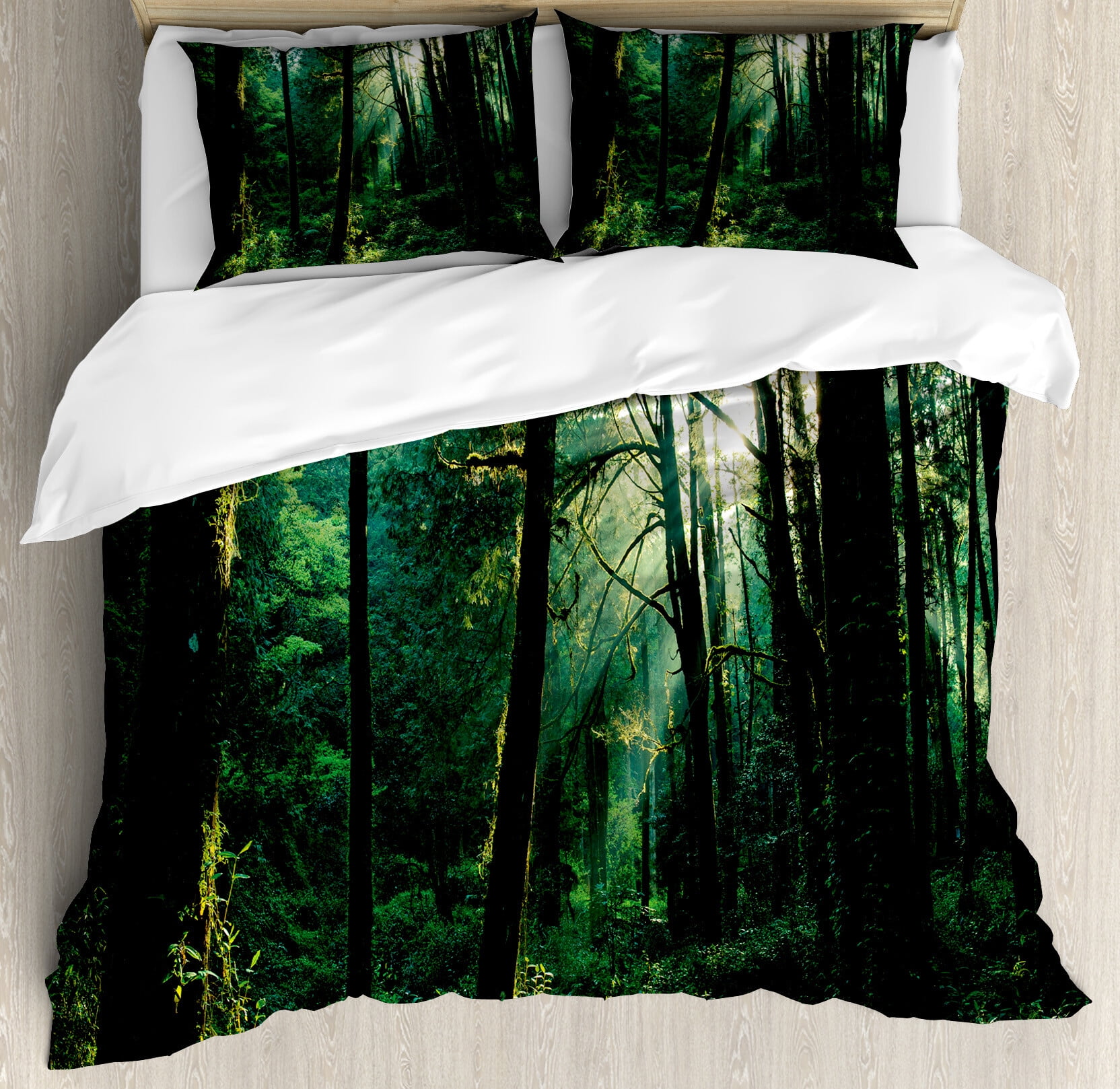 Nature Duvet Cover Set, Sunset in Woods Sun Beaming Through Forest ...