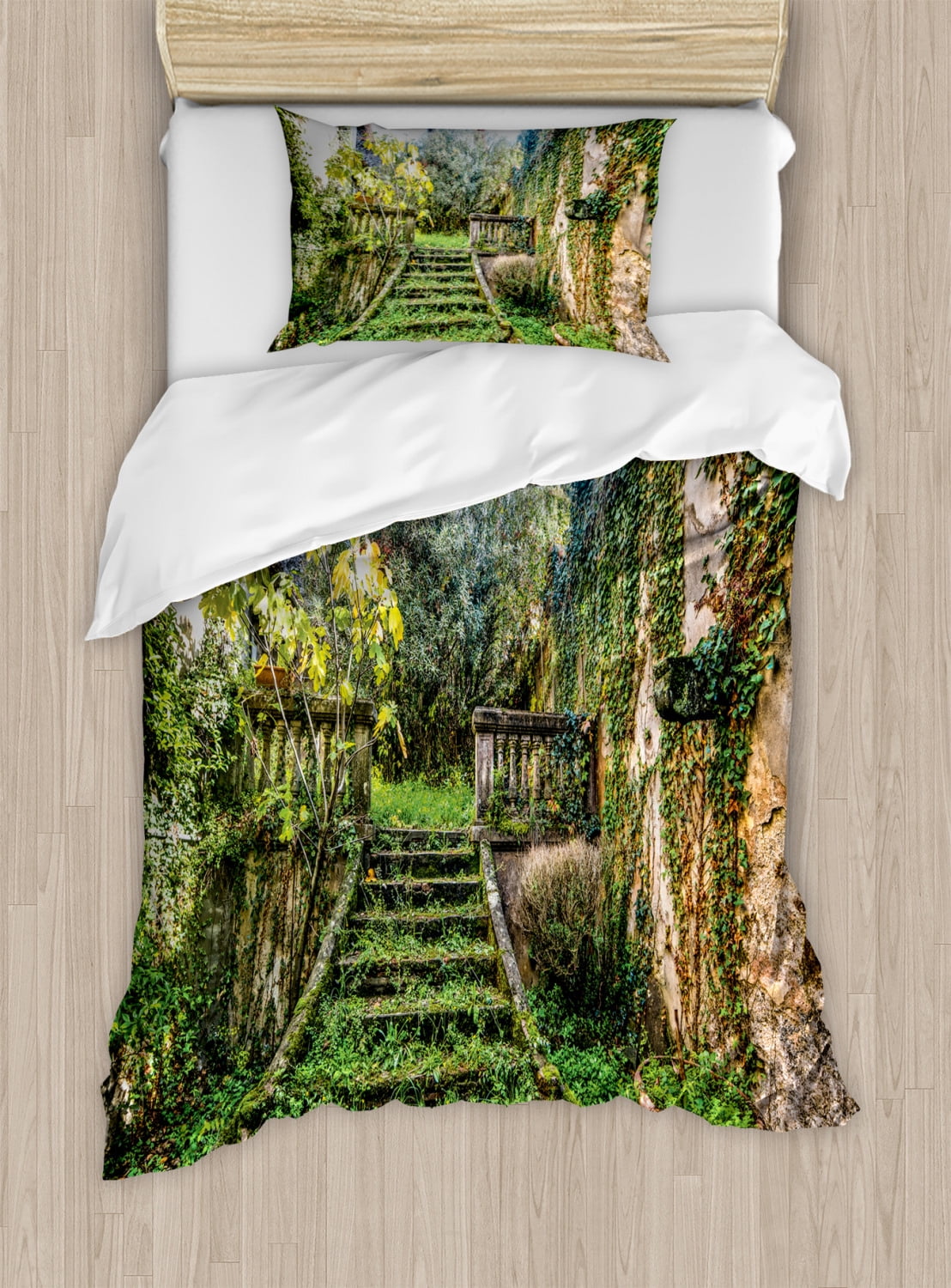 Nature Duvet Cover Set Twin Size, Ancient Fairytale Theme Hidden Garden ...