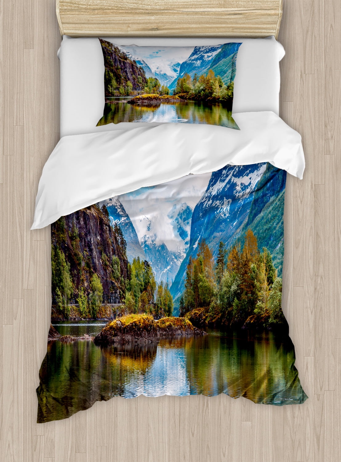 Nature Duvet Cover Set Twin Size, Norway Mountain Range with Snowy ...