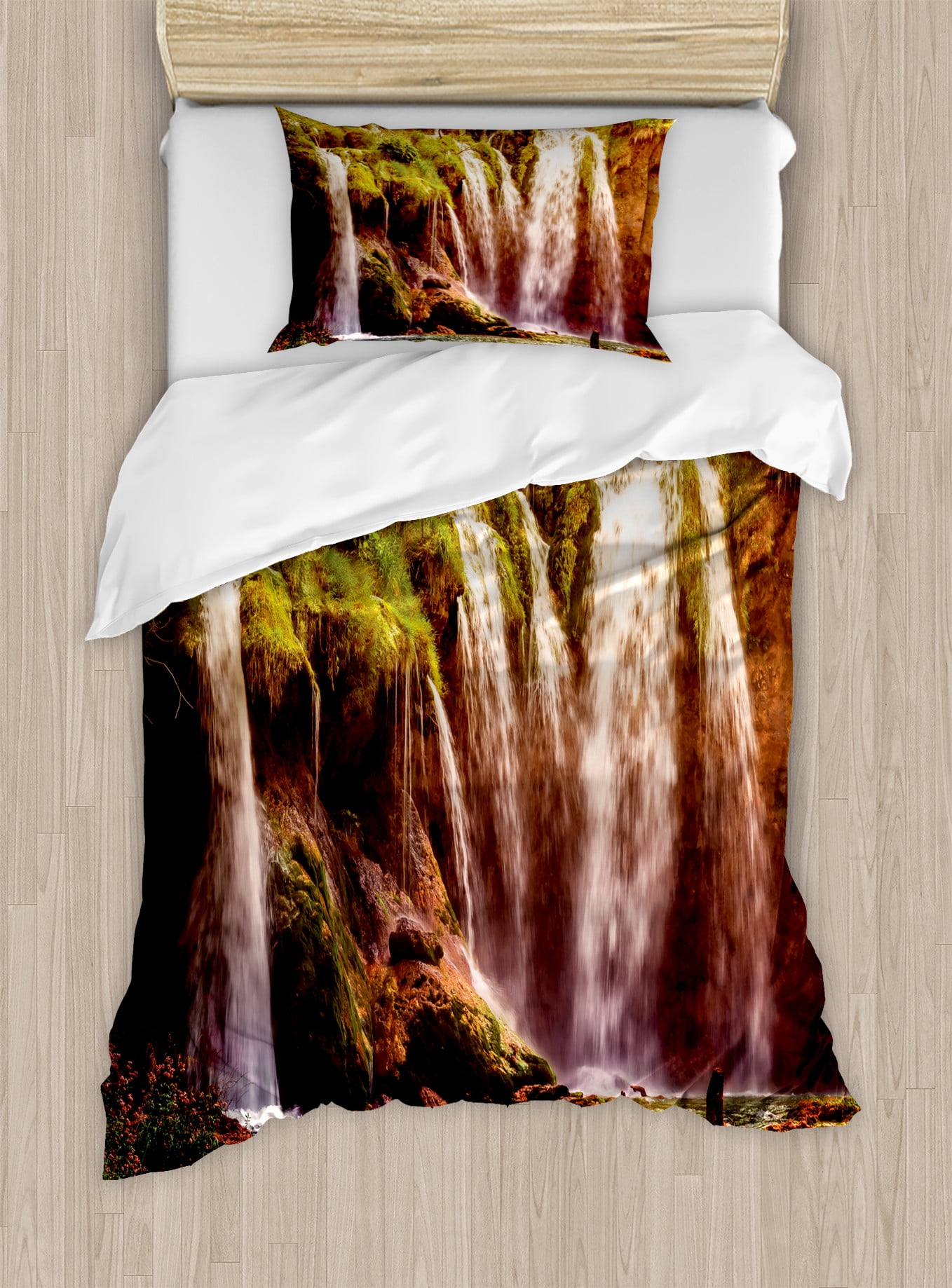Nature Duvet Cover Set, Waterfall Cascade Forest Tree Moss Lake Stones ...