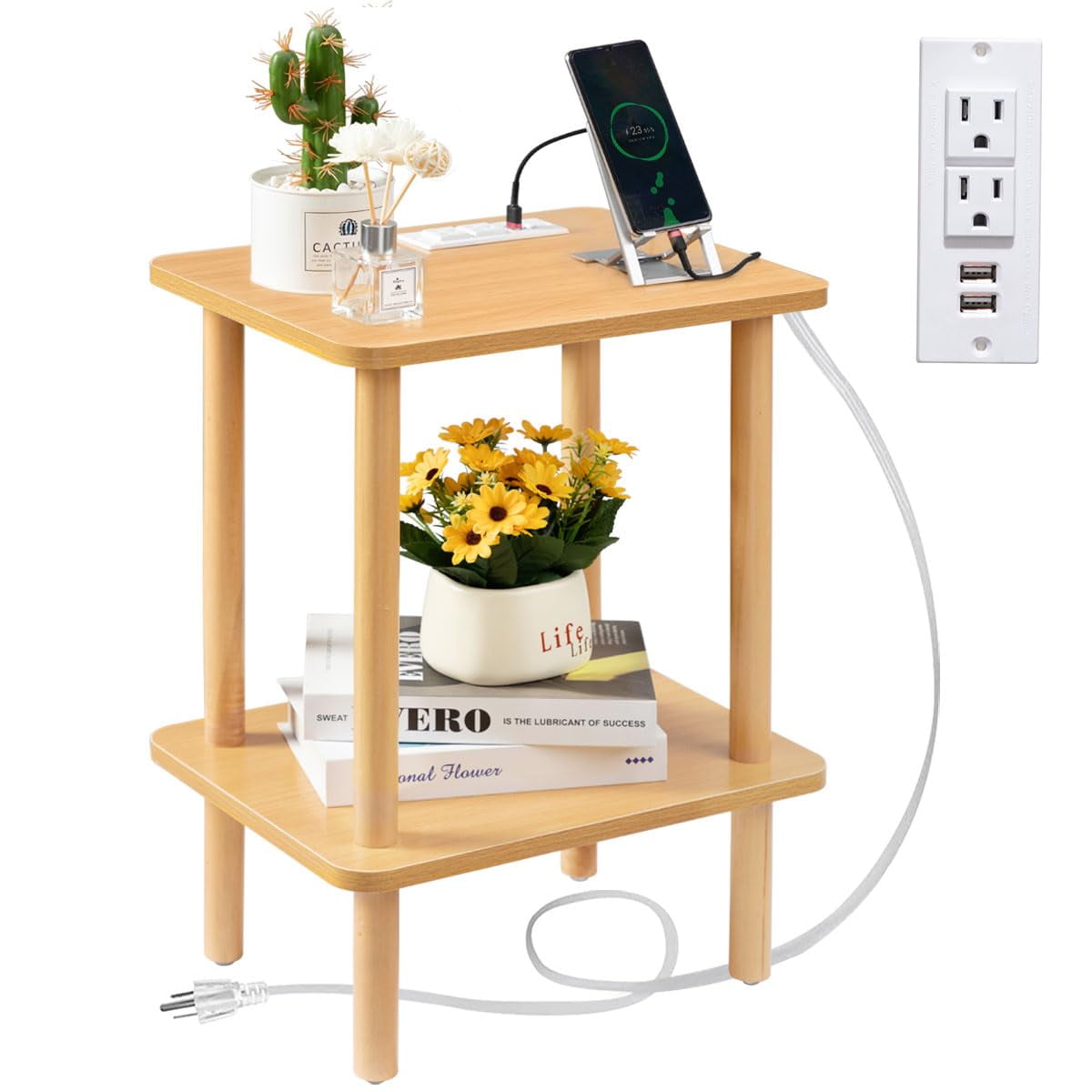 Nature End Tables with USB Ports and Outlets, Small Side Table for ...
