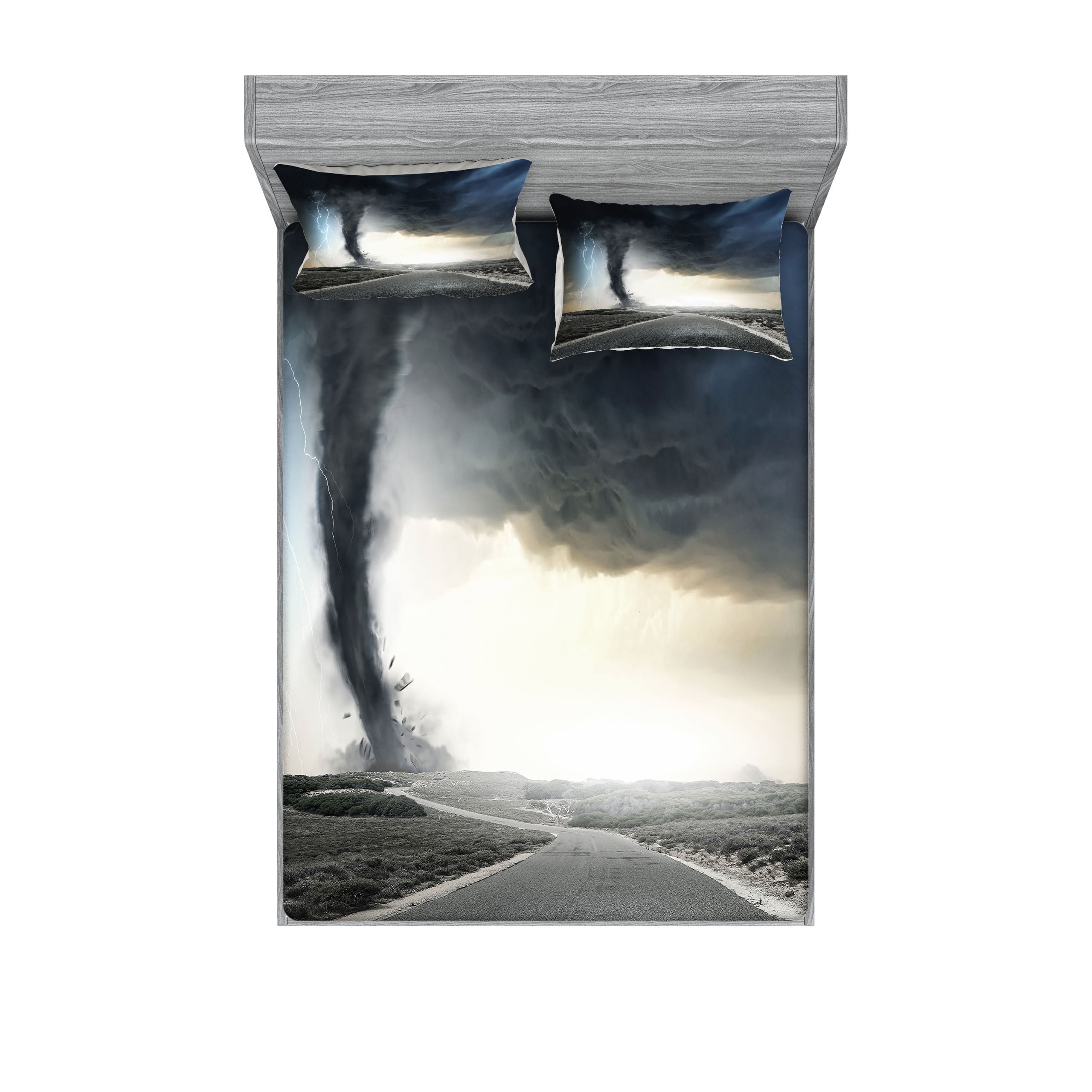 Nature Fitted Sheet & Pillow Sham Set, Black Tornado Funnel Gas Thunder ...