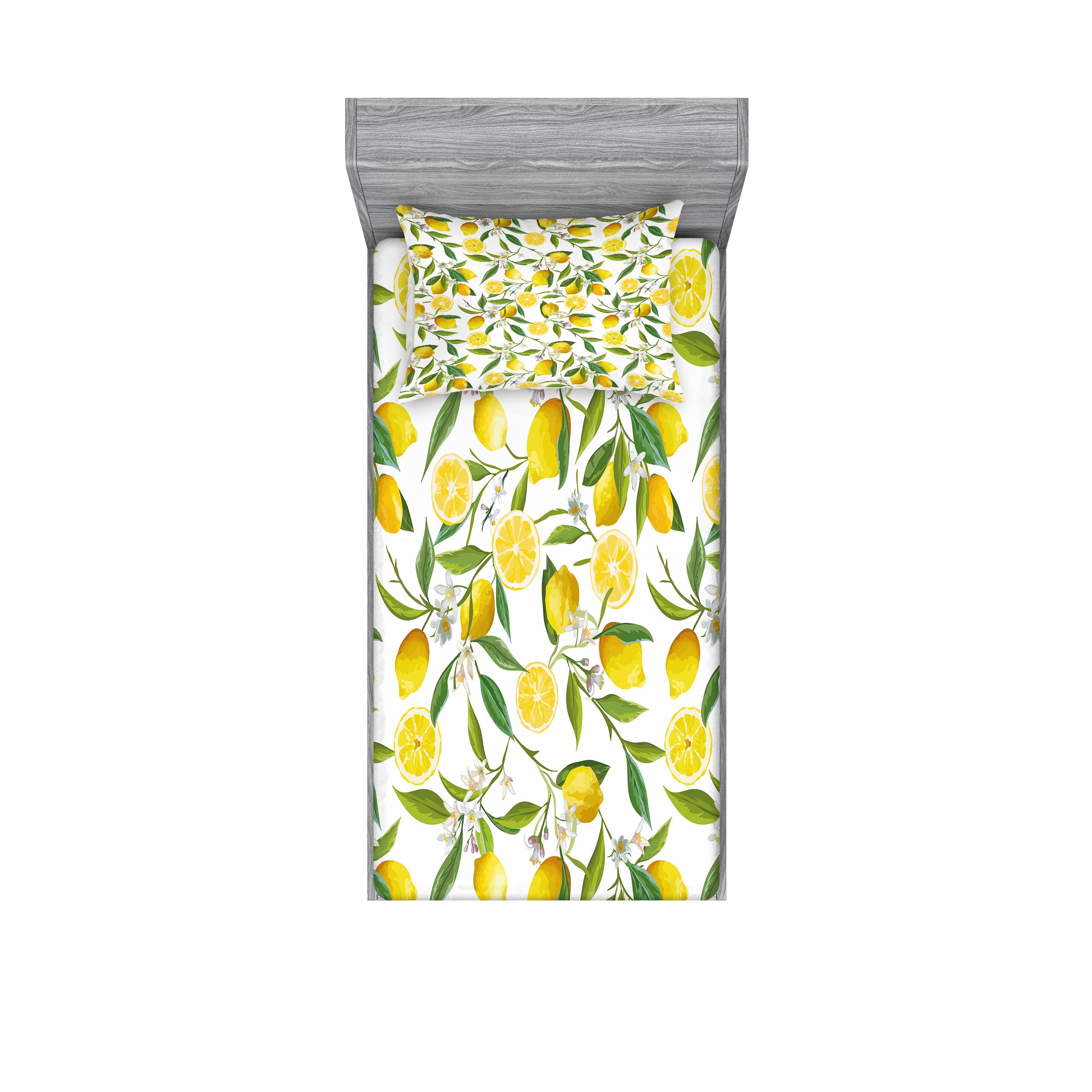 Nature Fitted Sheet & Pillow Sham Set, Exotic Lemon Tree Branches Yummy ...